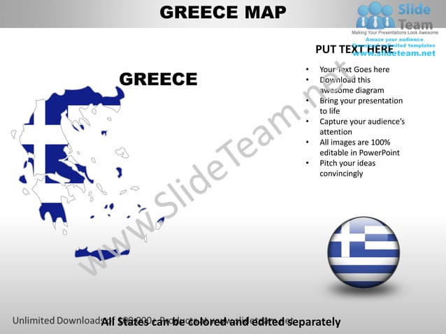 Editable greece power point map with capital and flag templates slides ...