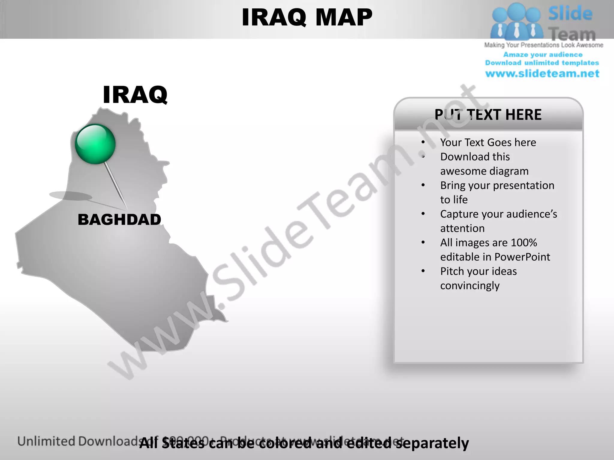 Editable iraq power point map with capital and flag templates slides ...