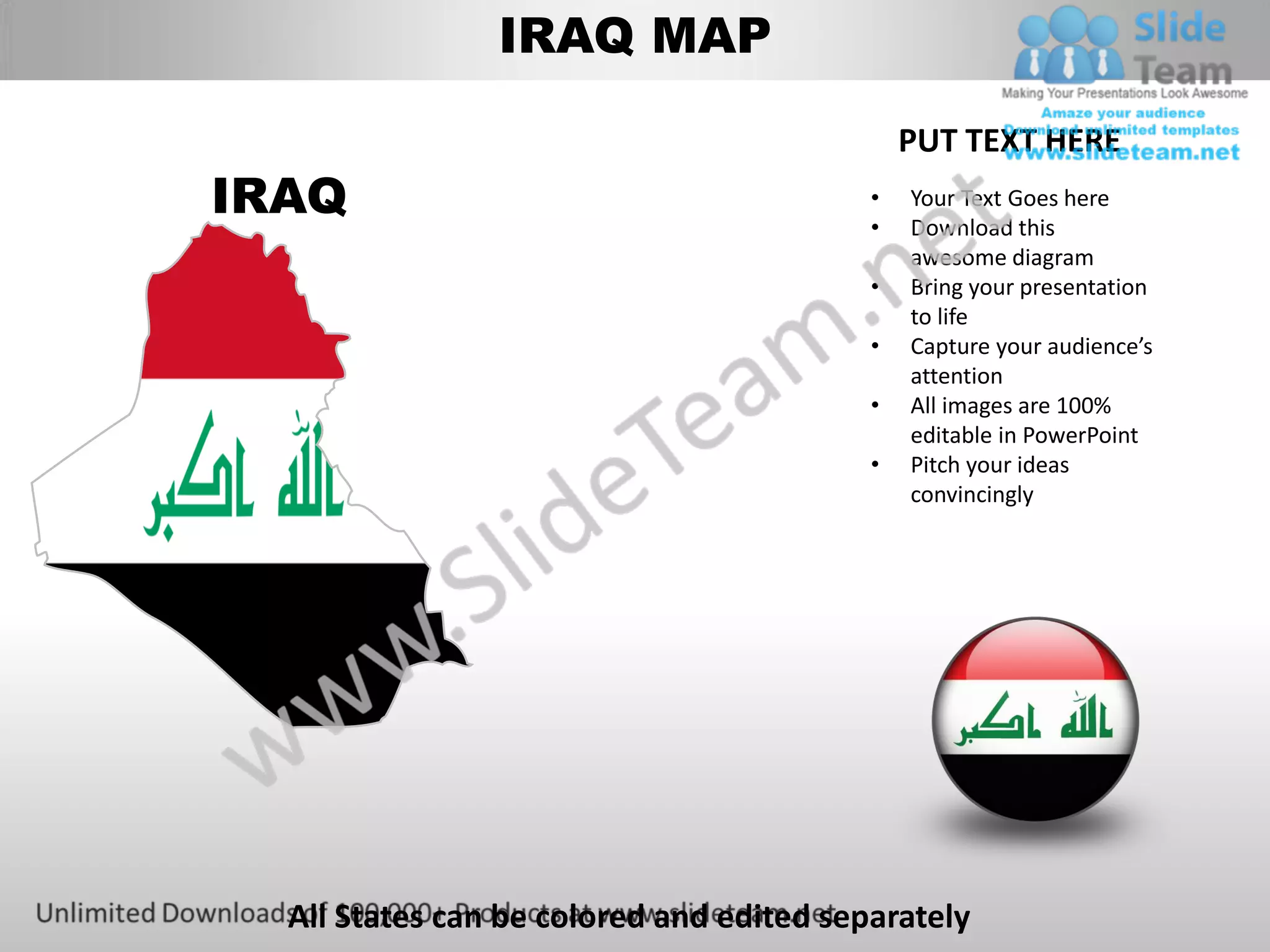 Editable iraq power point map with capital and flag templates slides ...