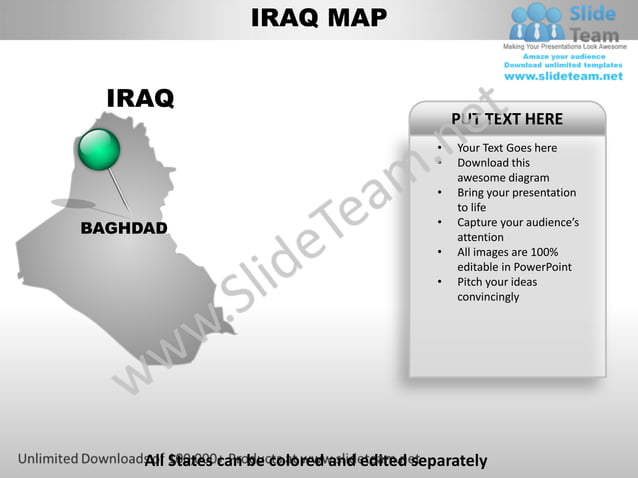 Editable iraq power point map with capital and flag templates slides ...