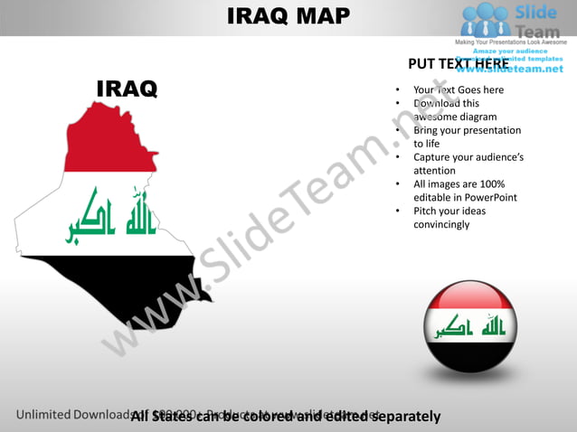 Editable iraq power point map with capital and flag templates slides ...