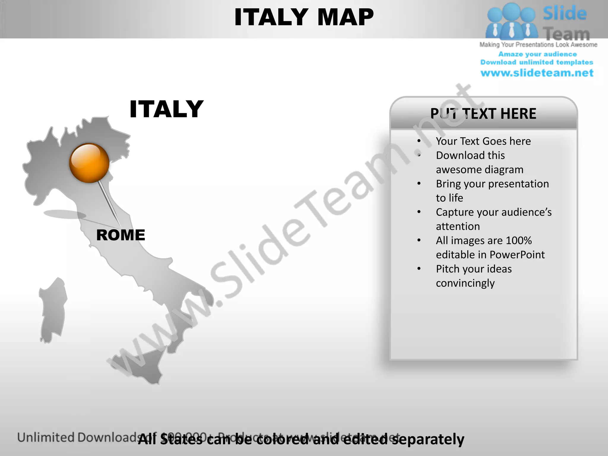 Editable italy power point map with capital and flag templates slides ...