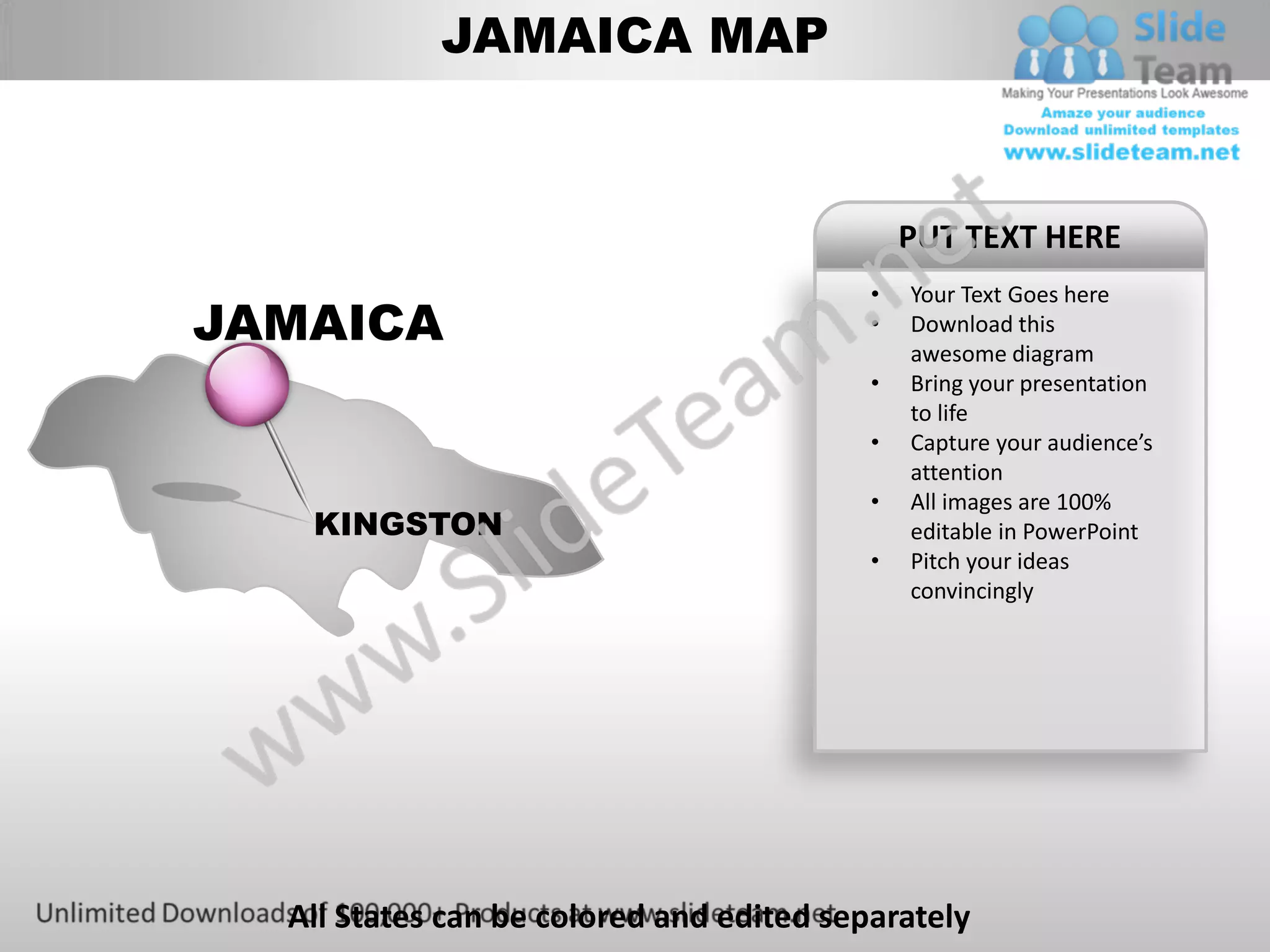 Editable jamaica power point map with capital and flag templates slides ...