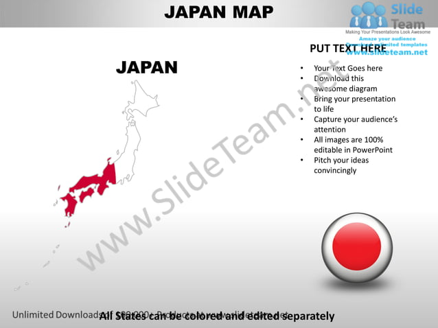 Editable japan power point map with capital and flag templates slides ...