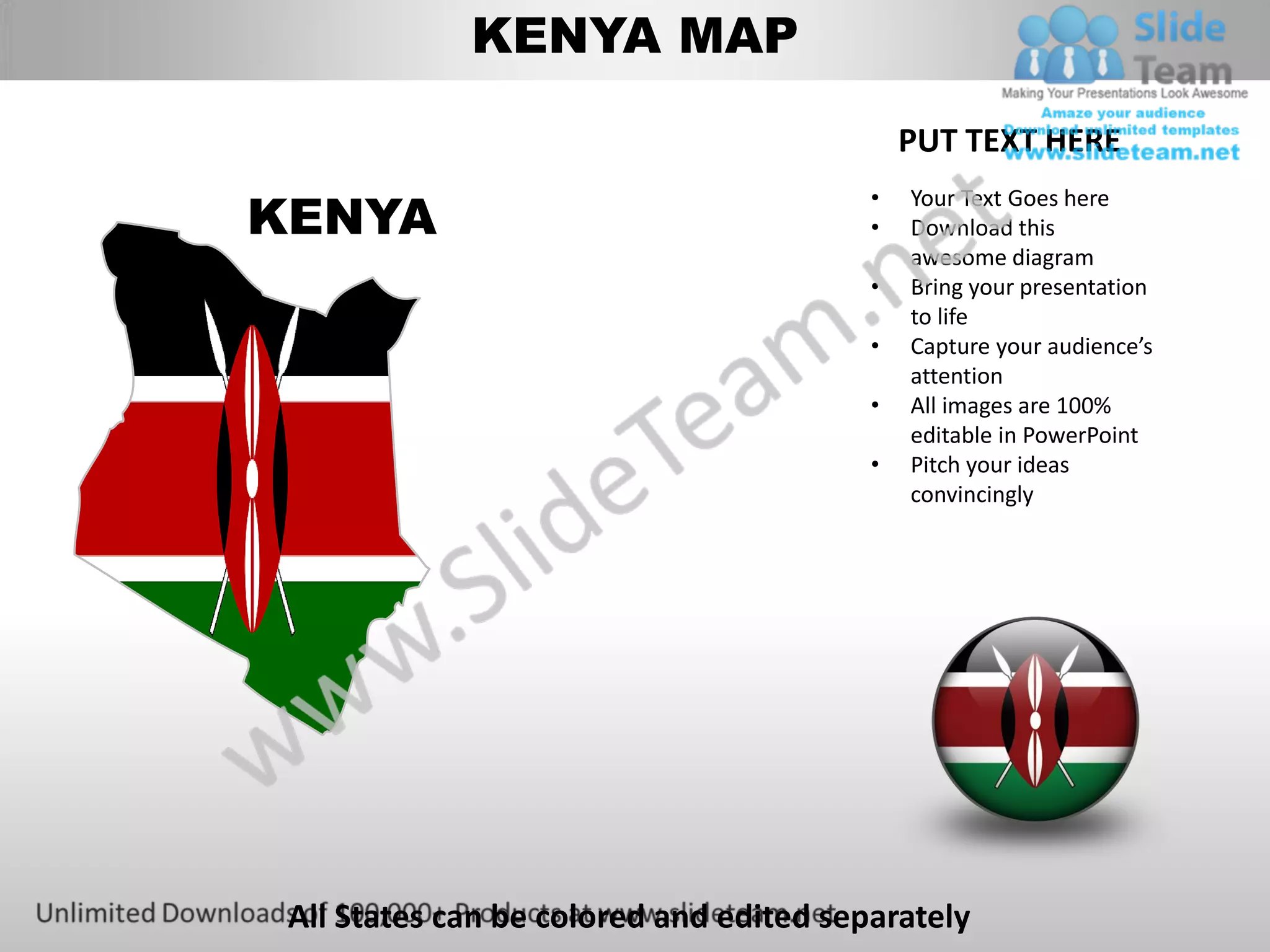 Editable kenya power point map with capital and flag templates slides ...