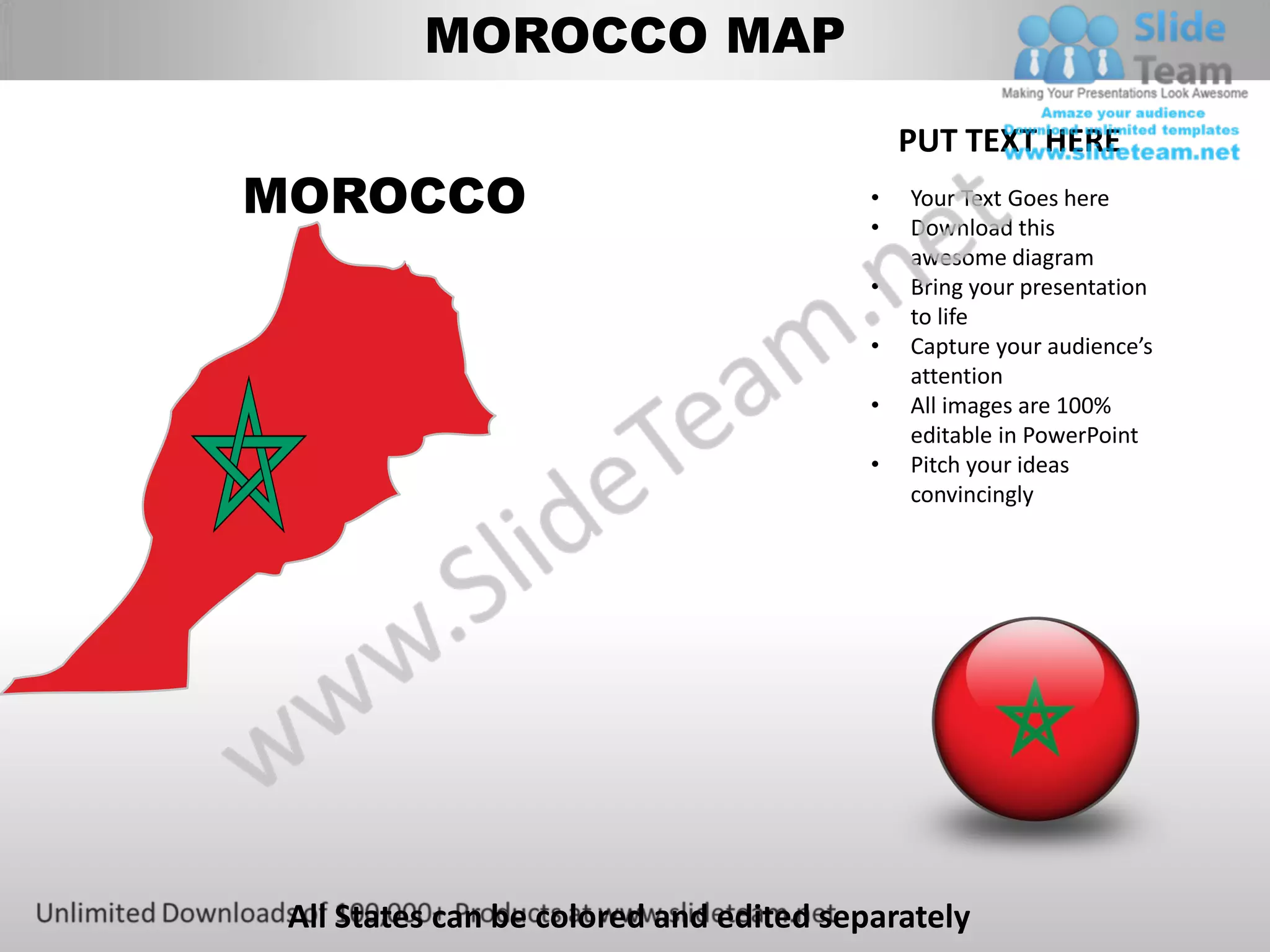 Editable morocco power point map with capital and flag templates slides ...