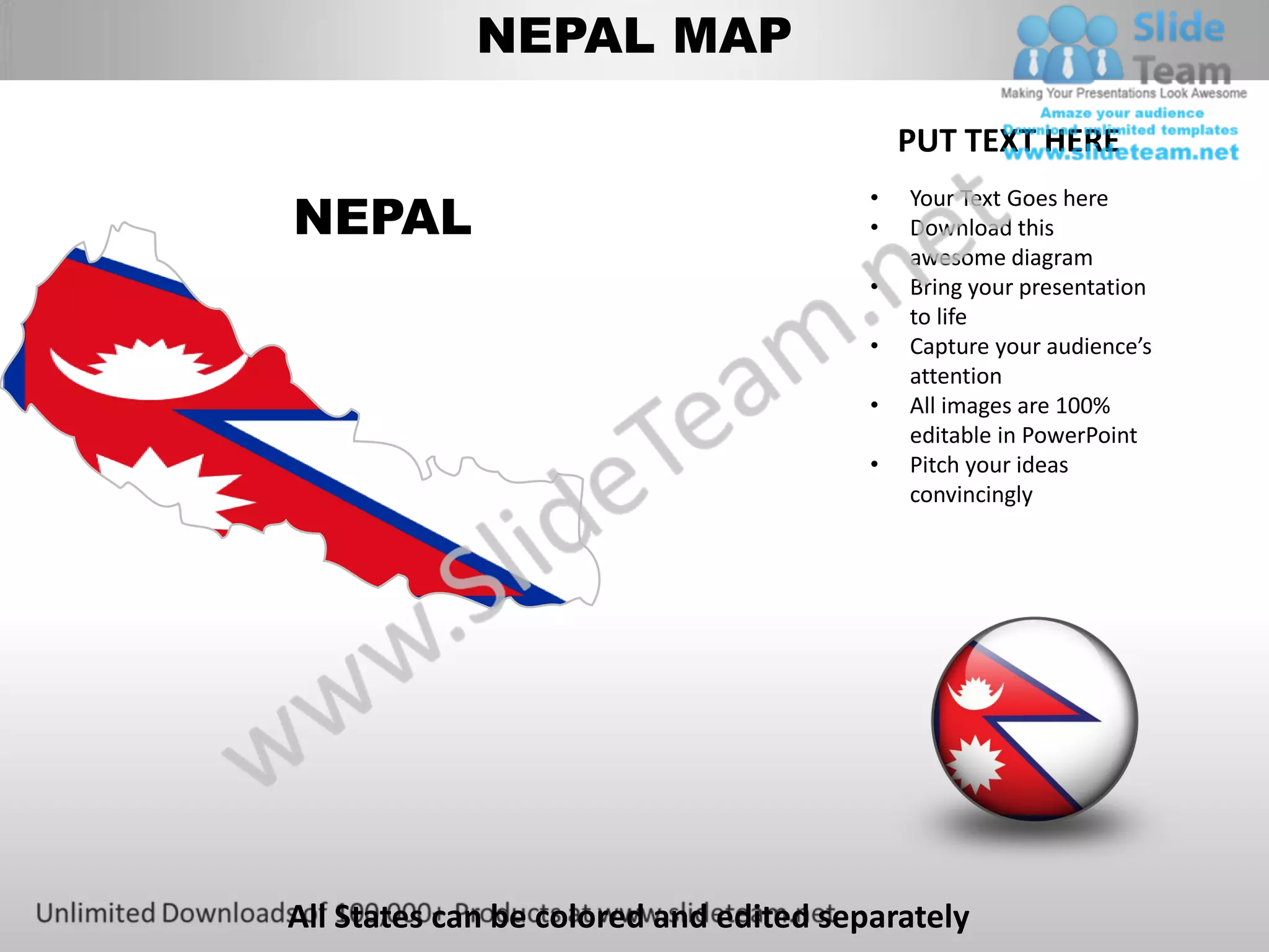 Editable nepal power point map with capital and flag templates slides ...