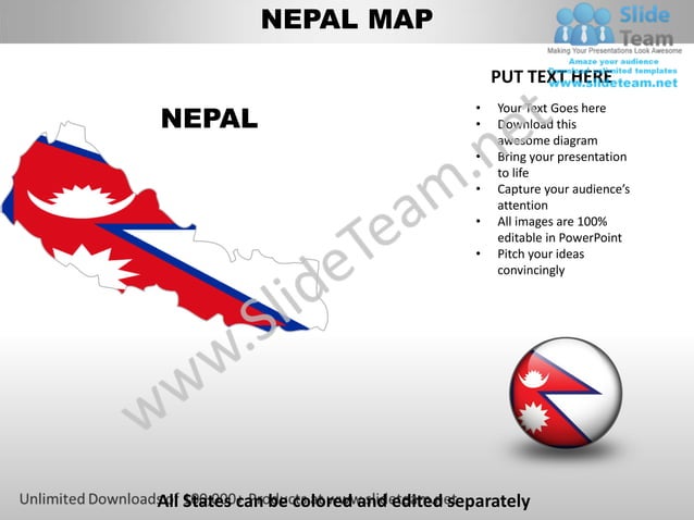Editable nepal power point map with capital and flag templates slides ...
