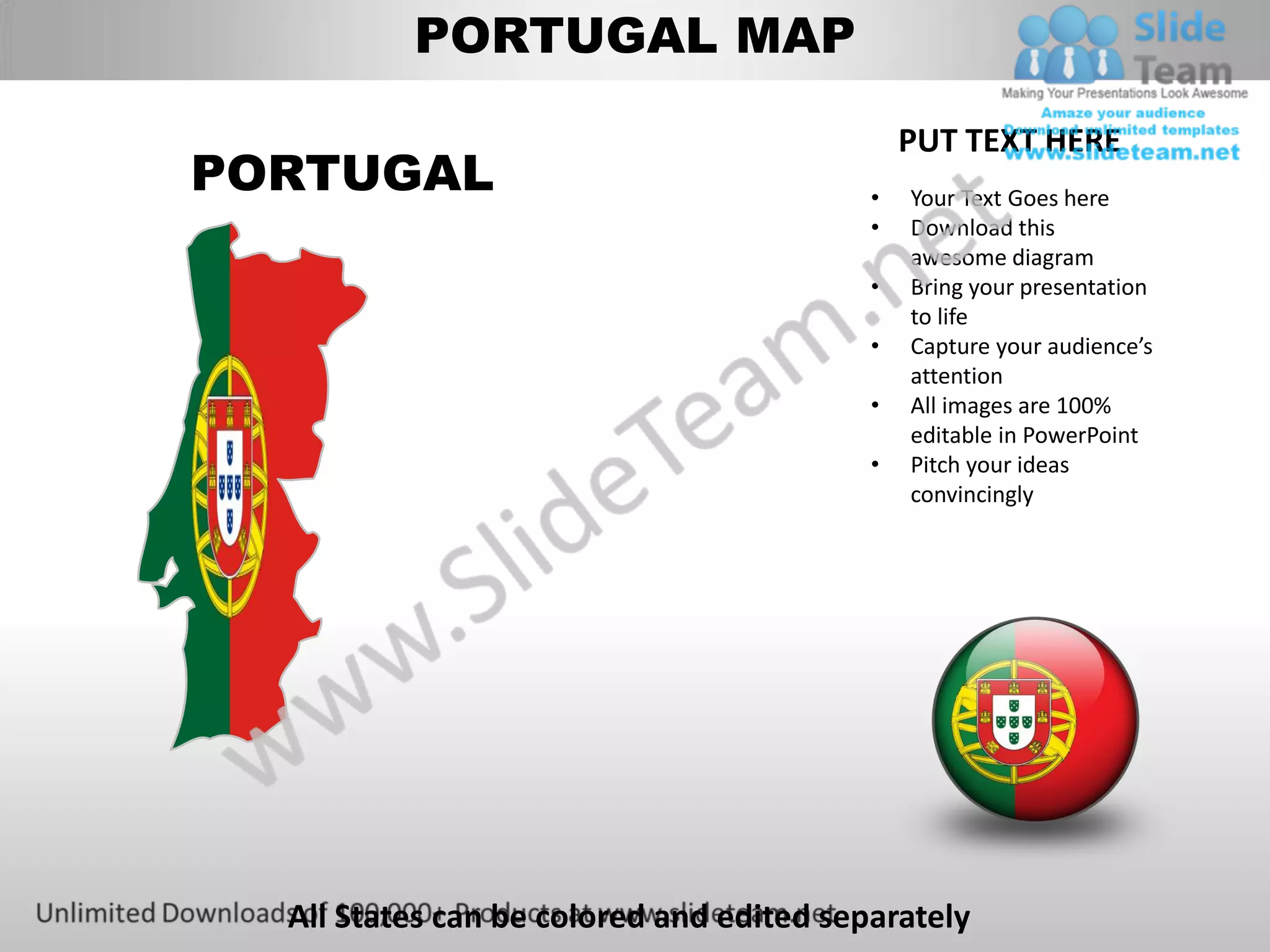 Editable portugal power point map with capital and flag templates ...