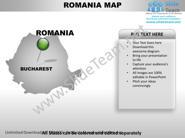 Editable romania power point map with capital and flag templates slides ...