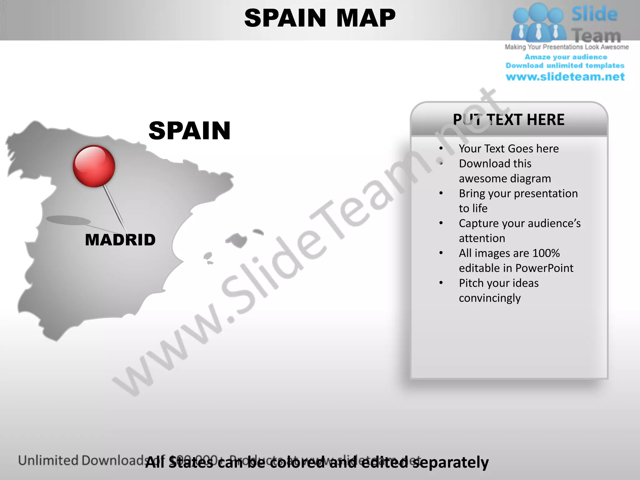 Editable spain power point map with capital and flag templates slides ...