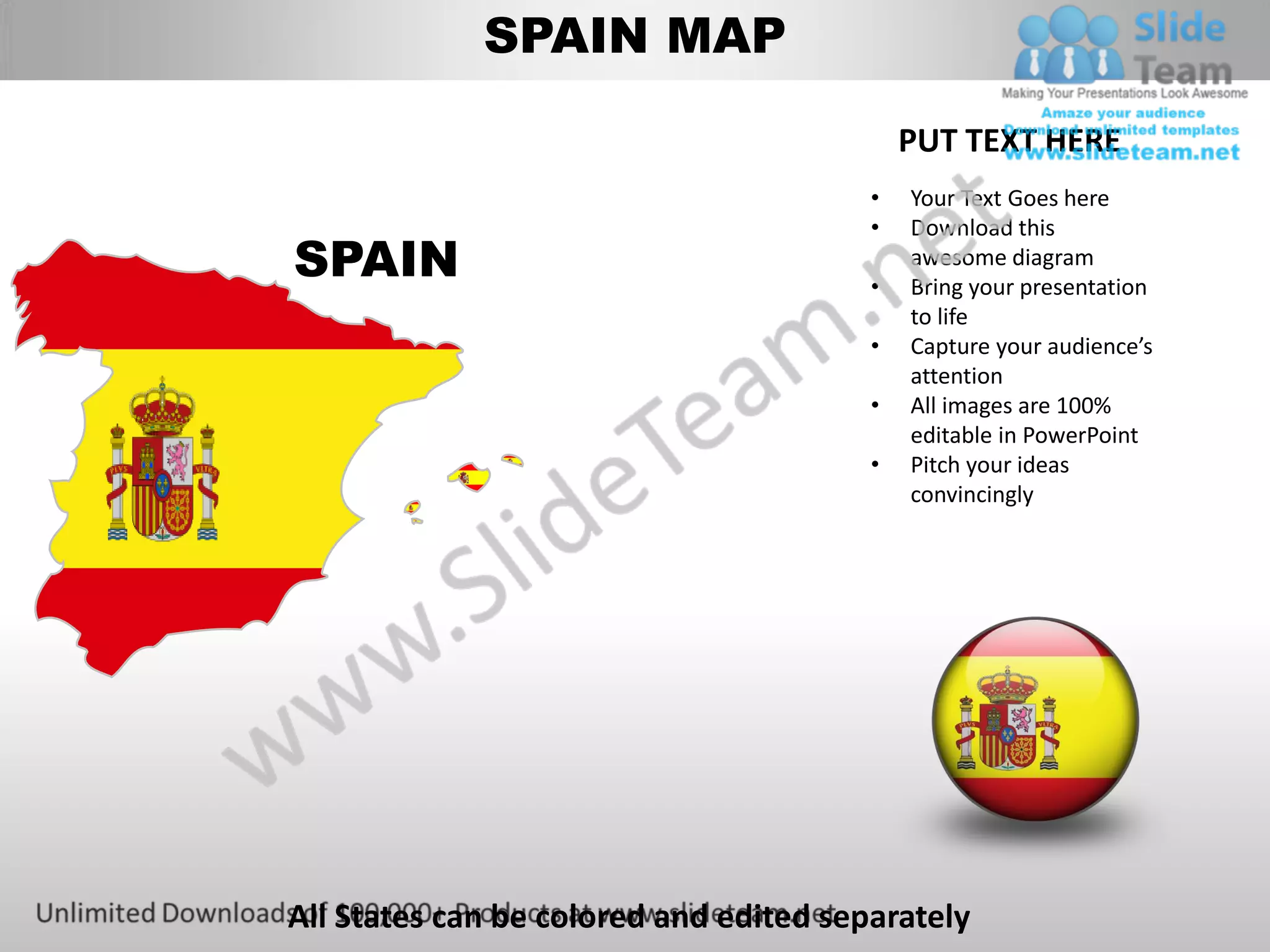 Editable spain power point map with capital and flag templates slides ...