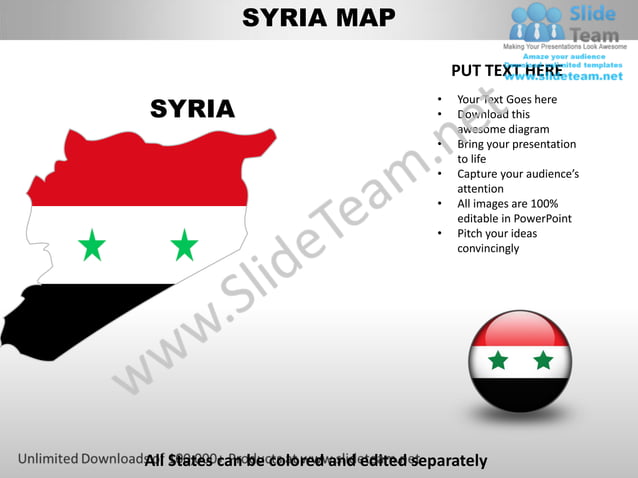 Editable syria power point map with capital and flag templates slides ...