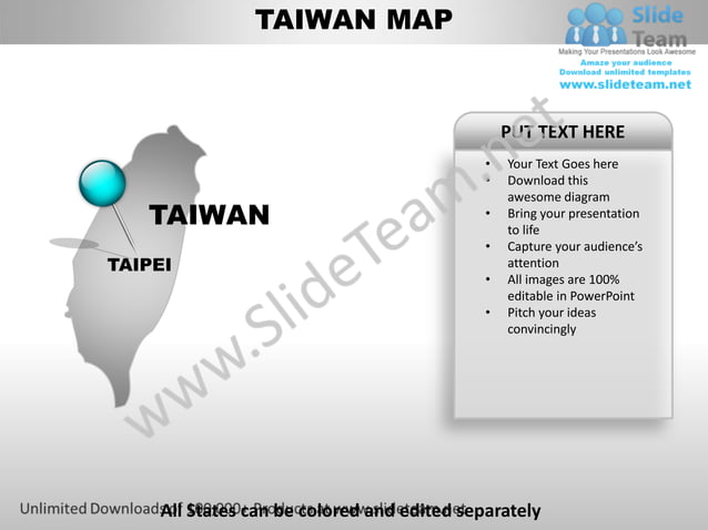 Editable taiwan power point map with capital and flag templates slides ...