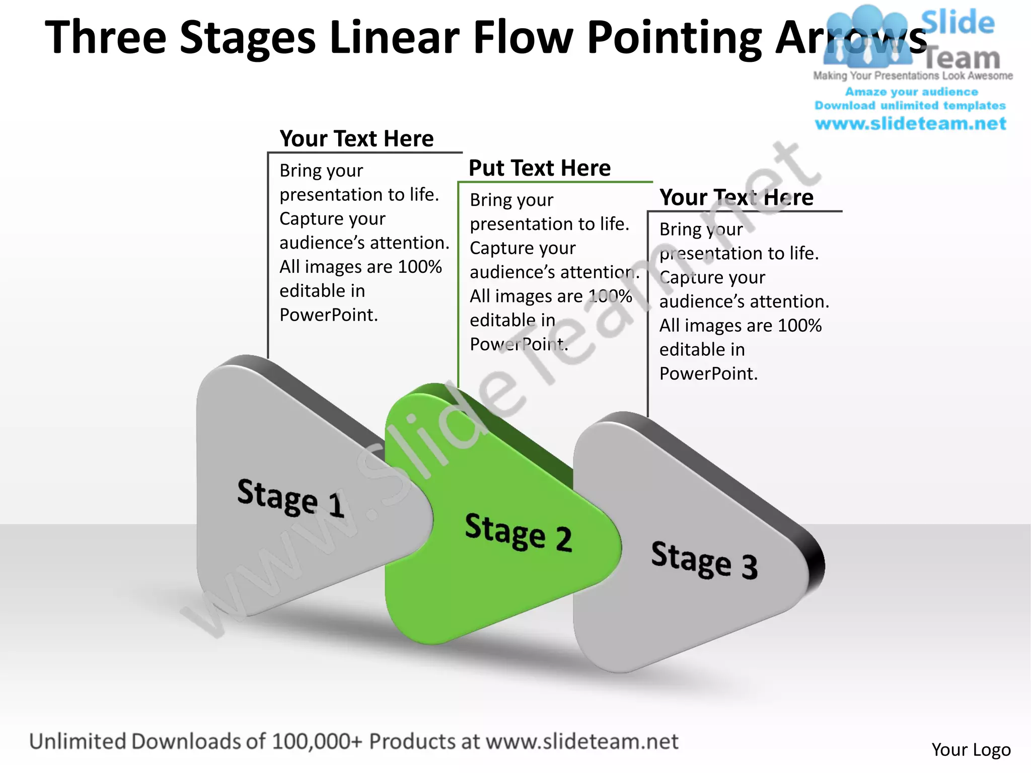 Editable three stages linear flow pointing arrows organization chart ...
