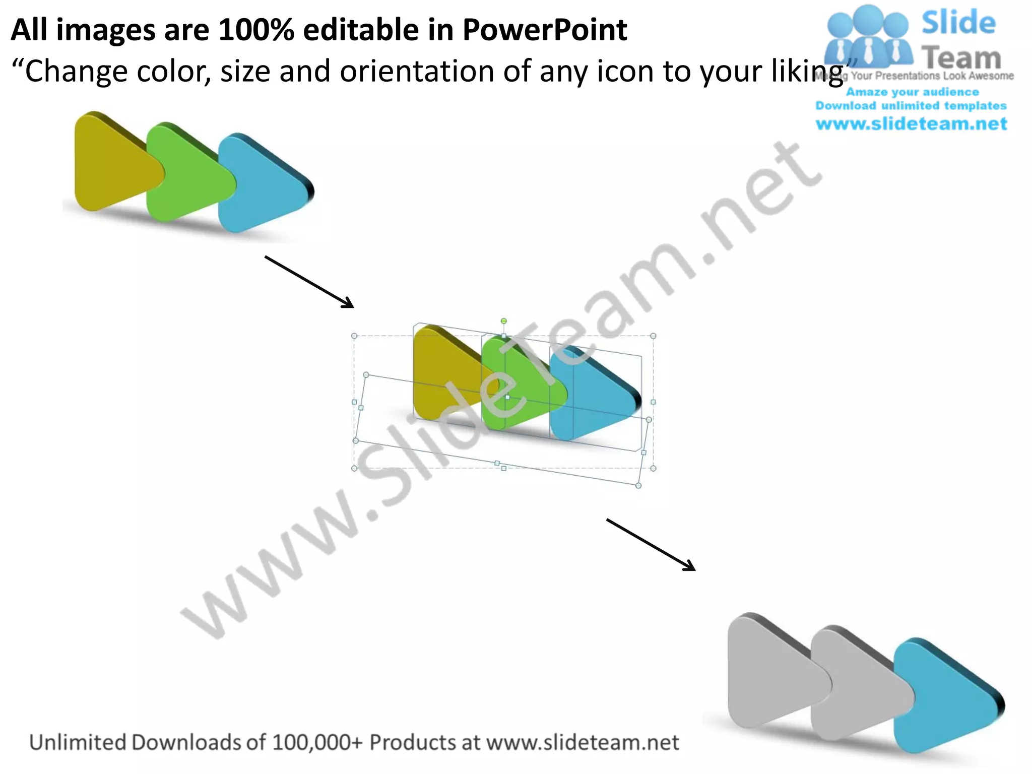 Editable three stages linear flow pointing arrows organization chart ...