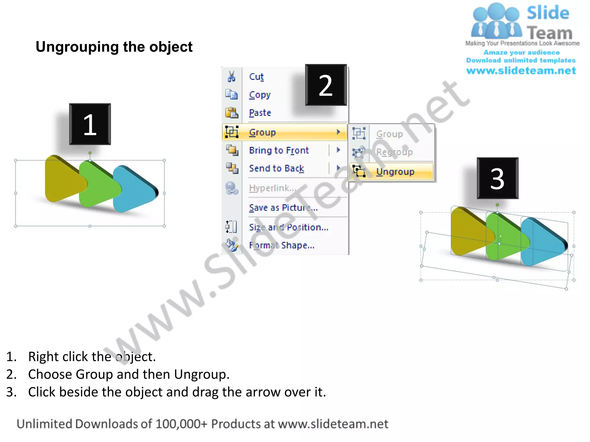 Editable three stages linear flow pointing arrows organization chart ...