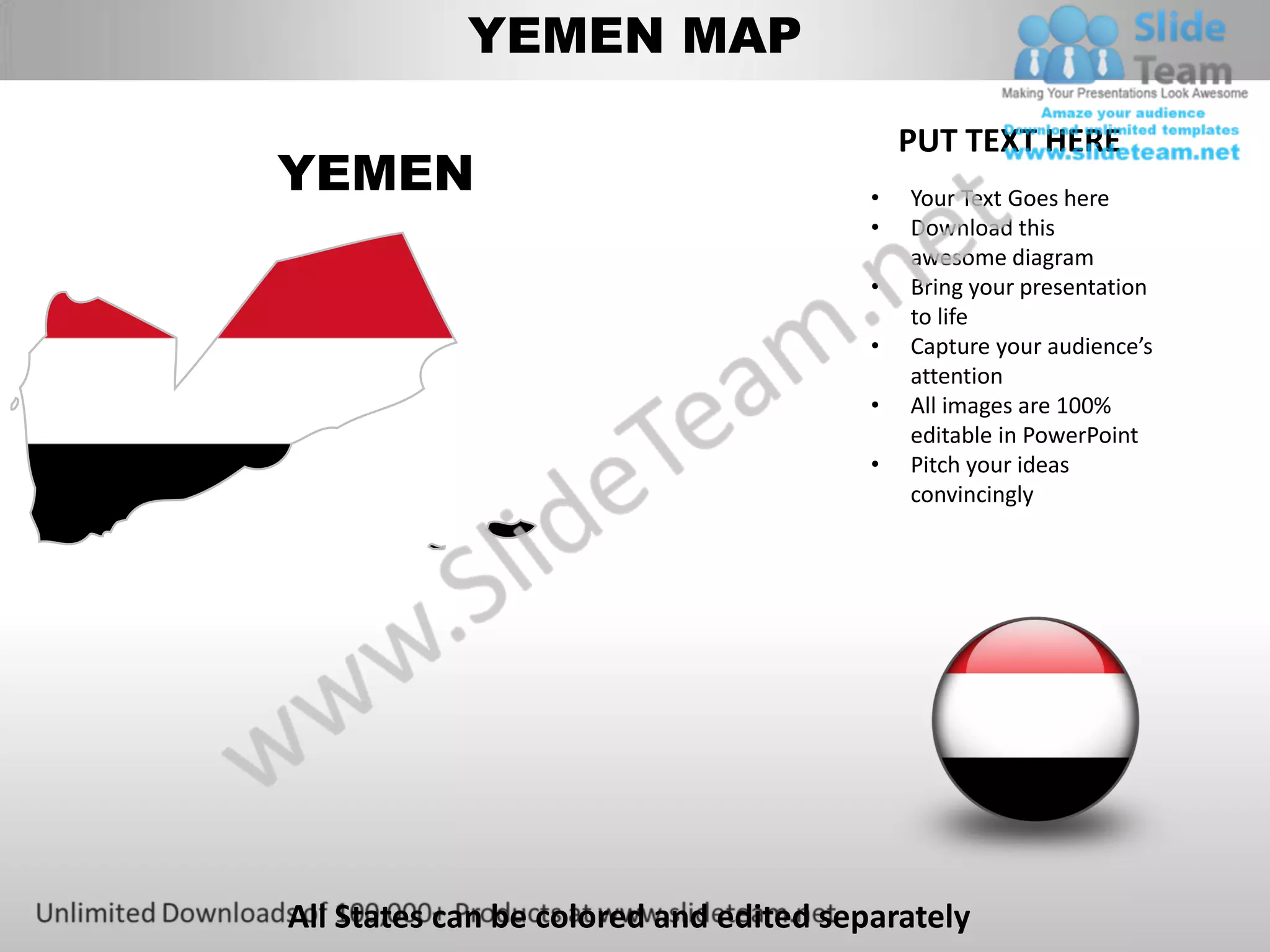 Editable yemen power point map with capital and flag templates slides ...