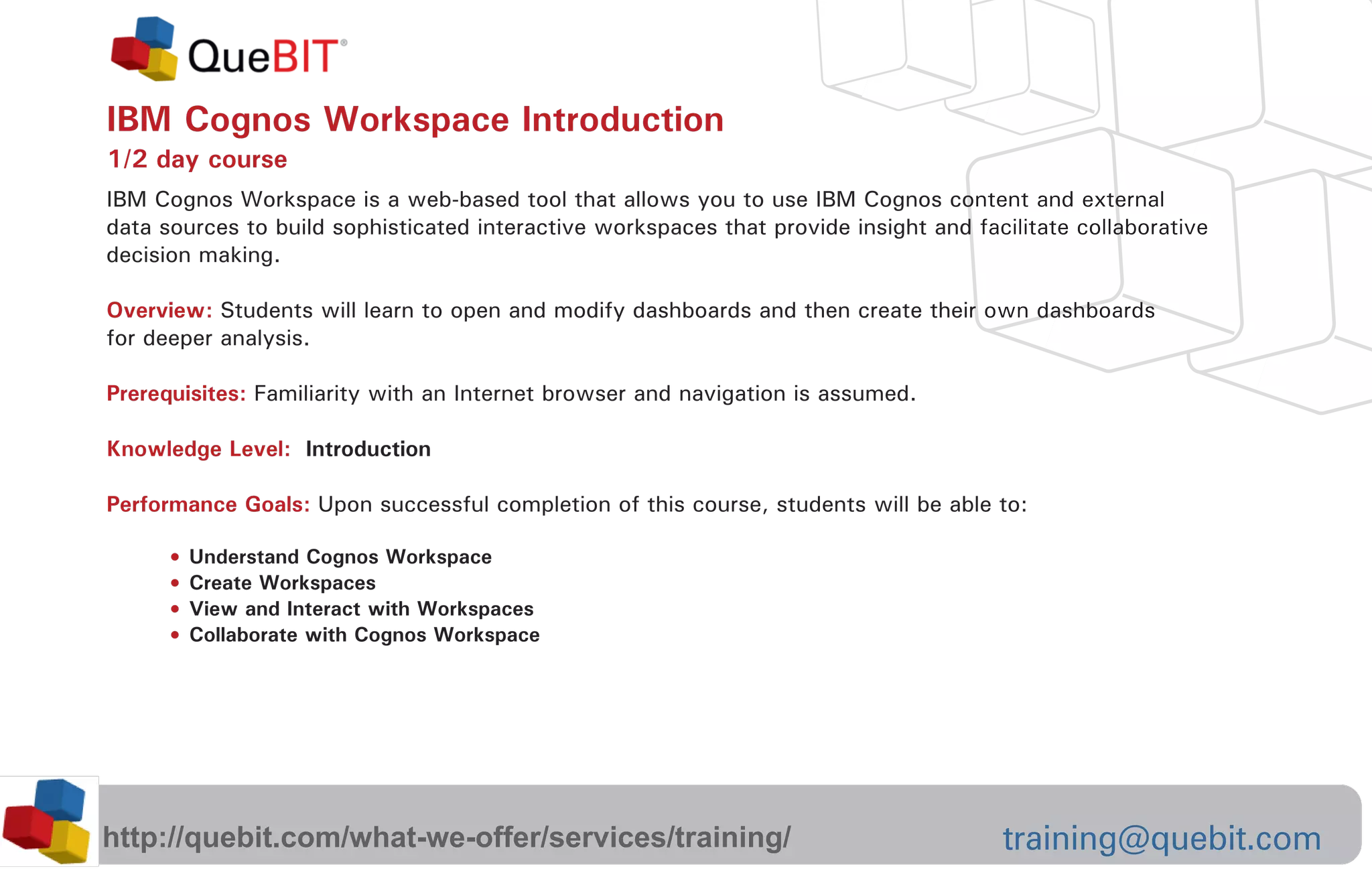 IBM Cognos Workspace Introduction Training Course - Self Paced, Instructor Led, On-site Classes ...