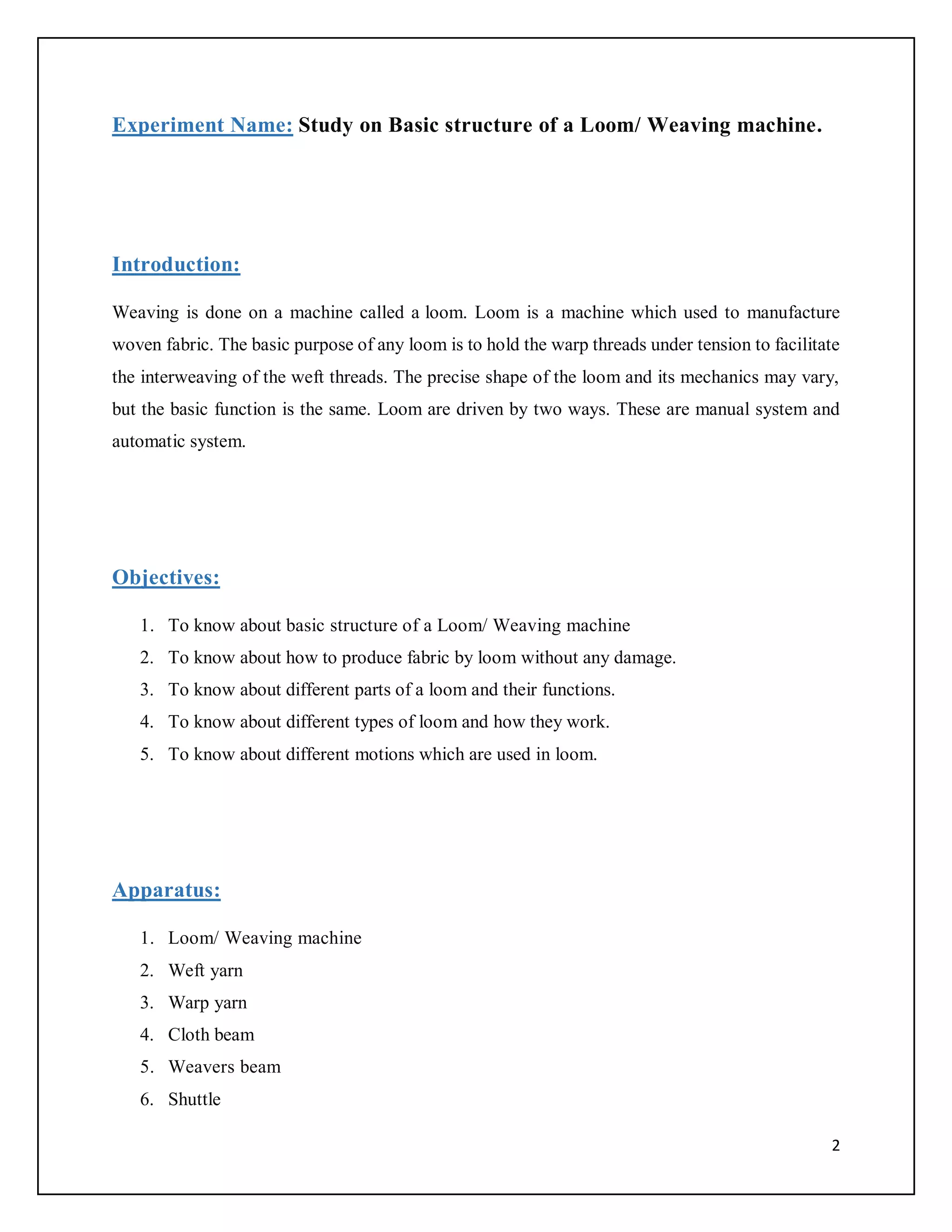 Study on Basic structure of a Loom/Weaving machine .pdf