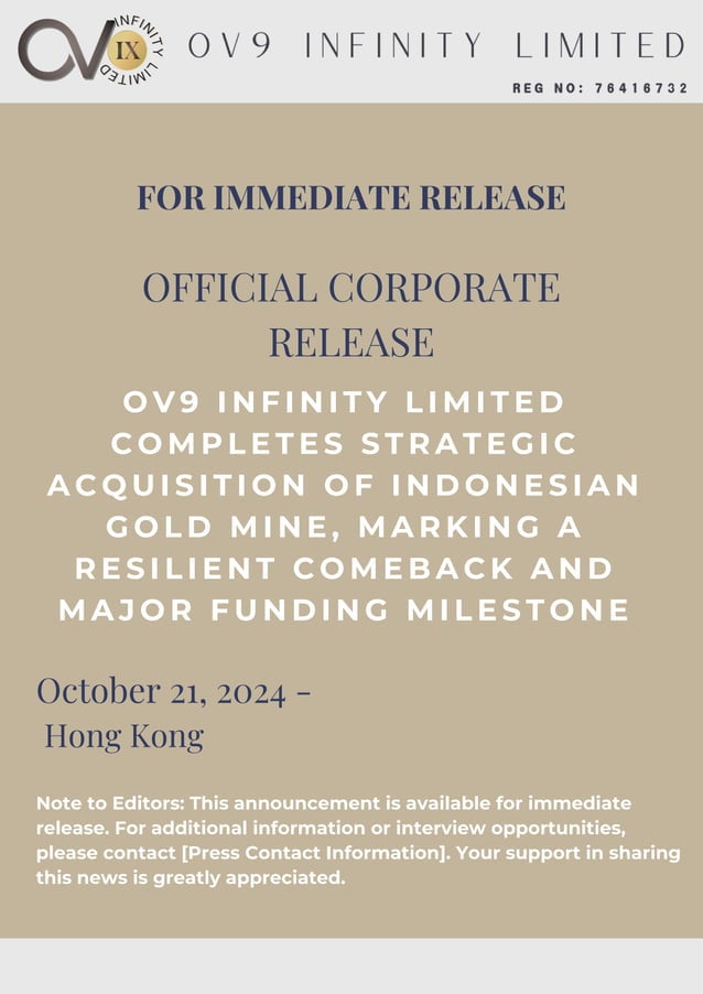 Final version press release gold mine OV9 acquisition. | PDF | Commodities | Economy