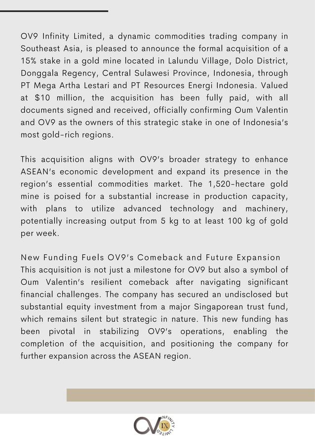 Final version press release gold mine OV9 acquisition. | PDF | Commodities | Economy