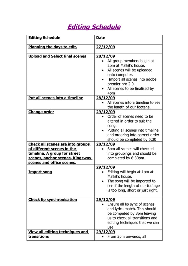 Editing Schedule | DOC