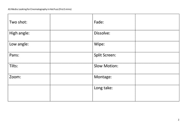 Edititng and cinematography worksheet | PPT