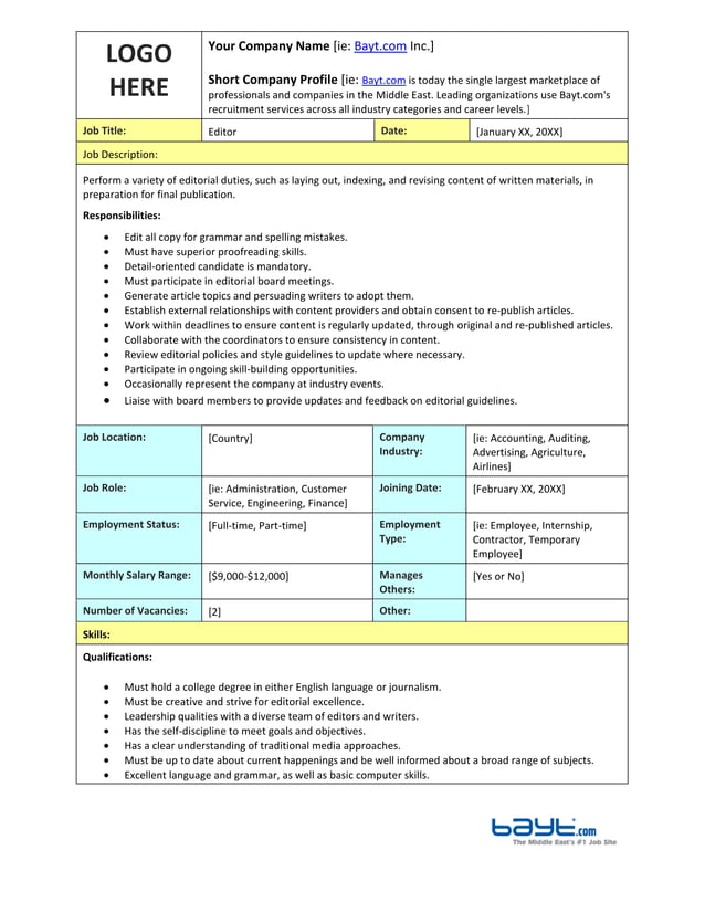 Editor Job Description Template By Bayt Free Download Editor Job Description Template By Bayt Free Download