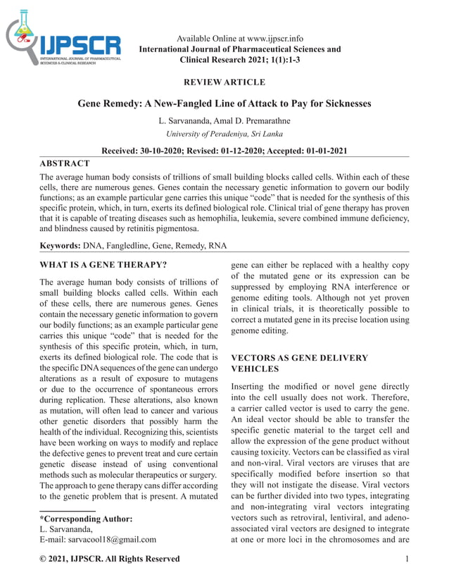 Gene Remedy: A New-Fangled Line of Attack to Pay for Sicknesses | PDF