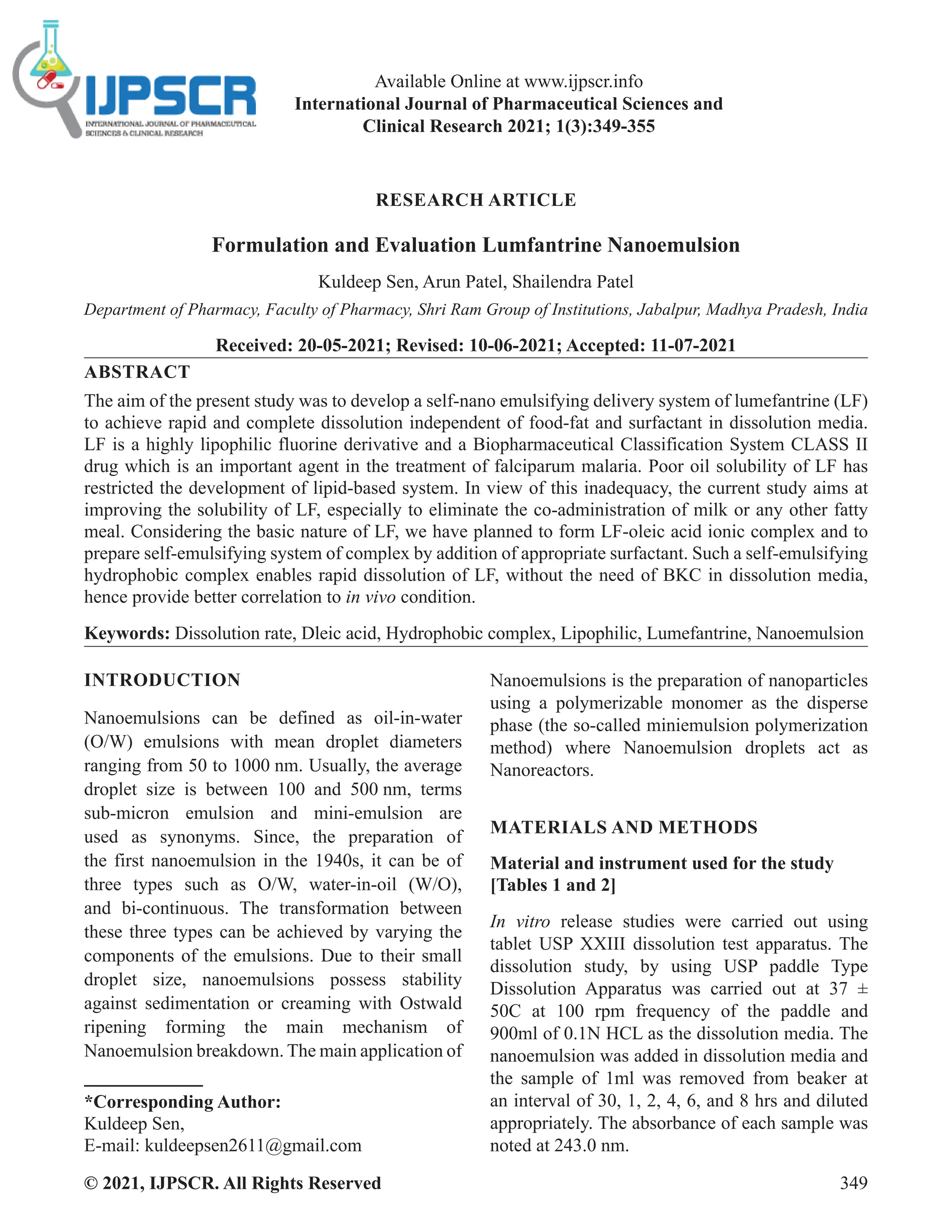 Formulation and Evaluation Lumfantrine Nanoemulsion | PDF