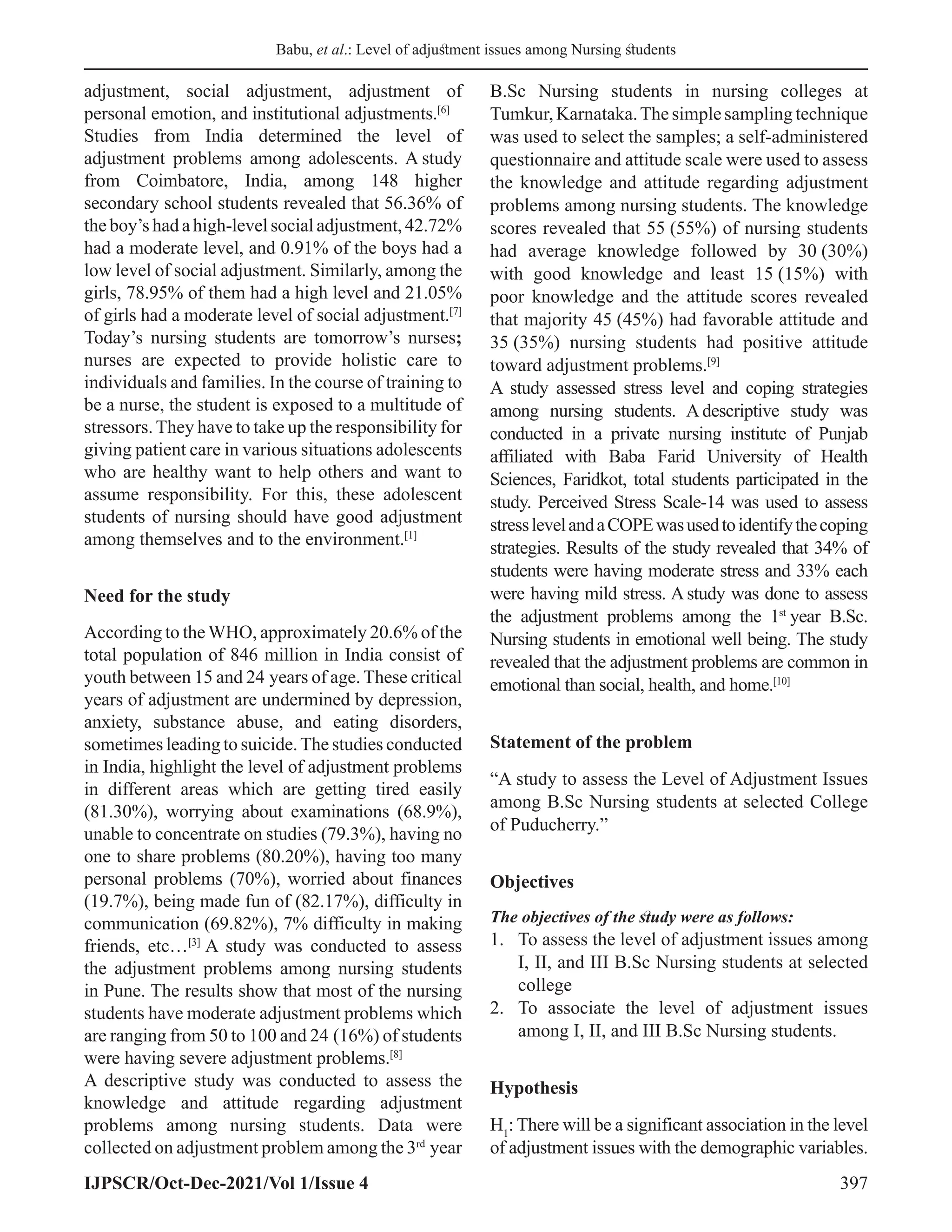 Level of Adjustment Issues among B.Sc Nursing Students at Selected ...