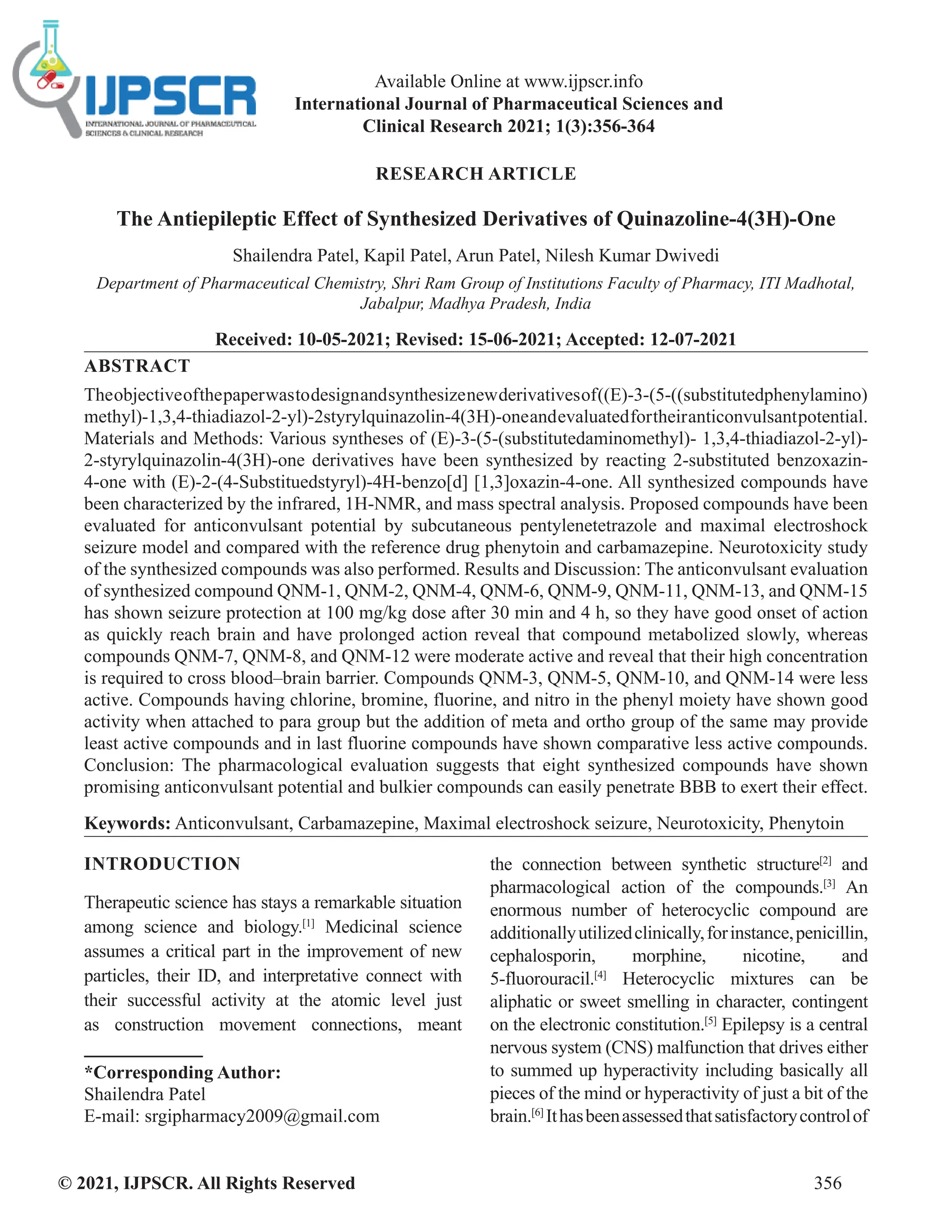 The Antiepileptic Effect of Synthesized Derivatives of Quinazoline-4(3H ...
