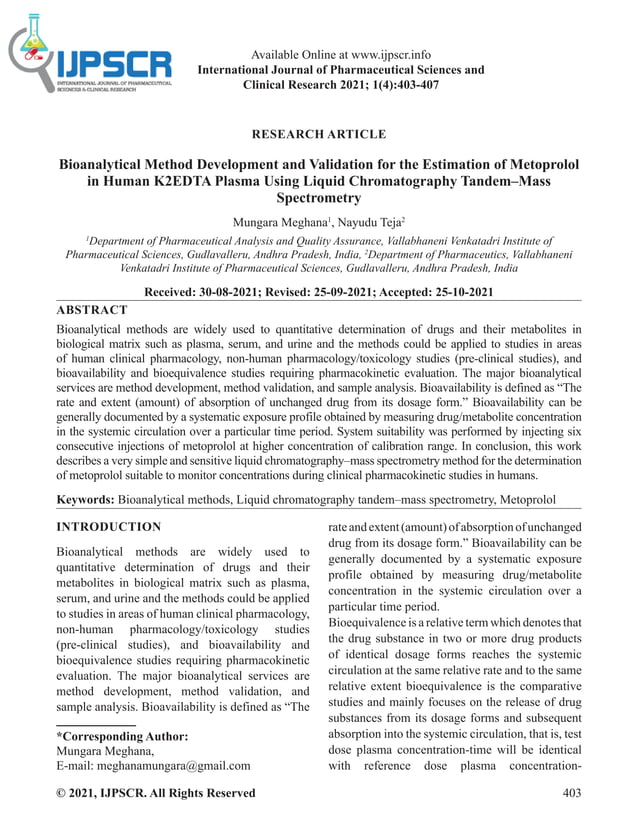 Bioanalytical Method Development and Validation for the Estimation of Metoprolol in Human K2EDTA ...