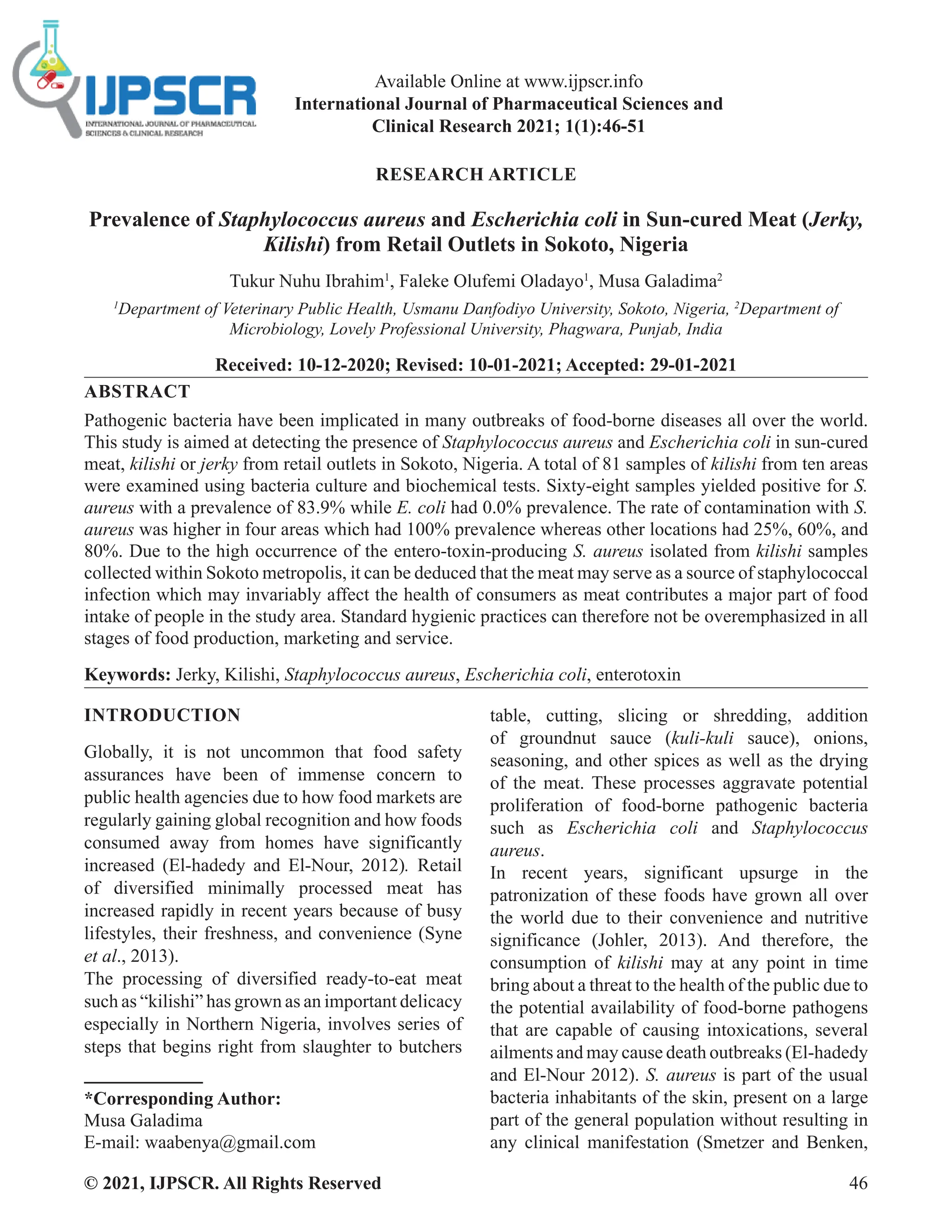 Prevalence of Staphylococcus aureus and Escherichia coli in Sun-cured Meat (Jerky, Kilishi) from ...