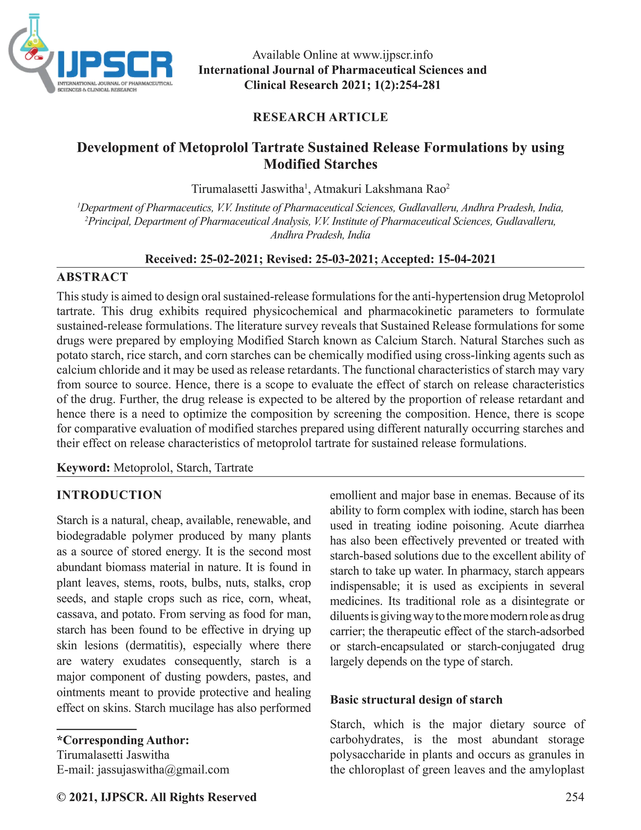 Development Of Metoprolol Tartrate Sustained Release Formulations By Using Modified Starches Pdf
