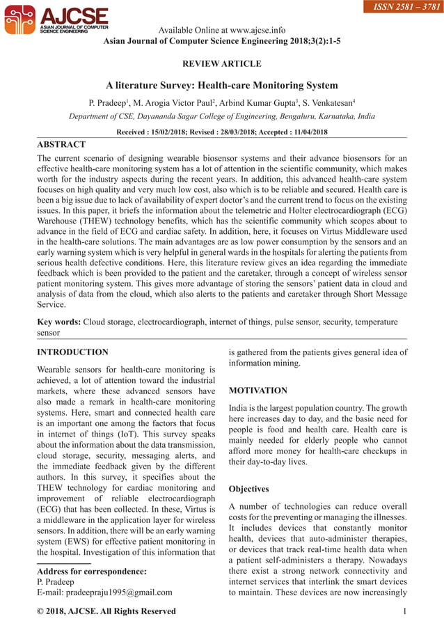 A literature Survey: Health-care Monitoring System | PDF