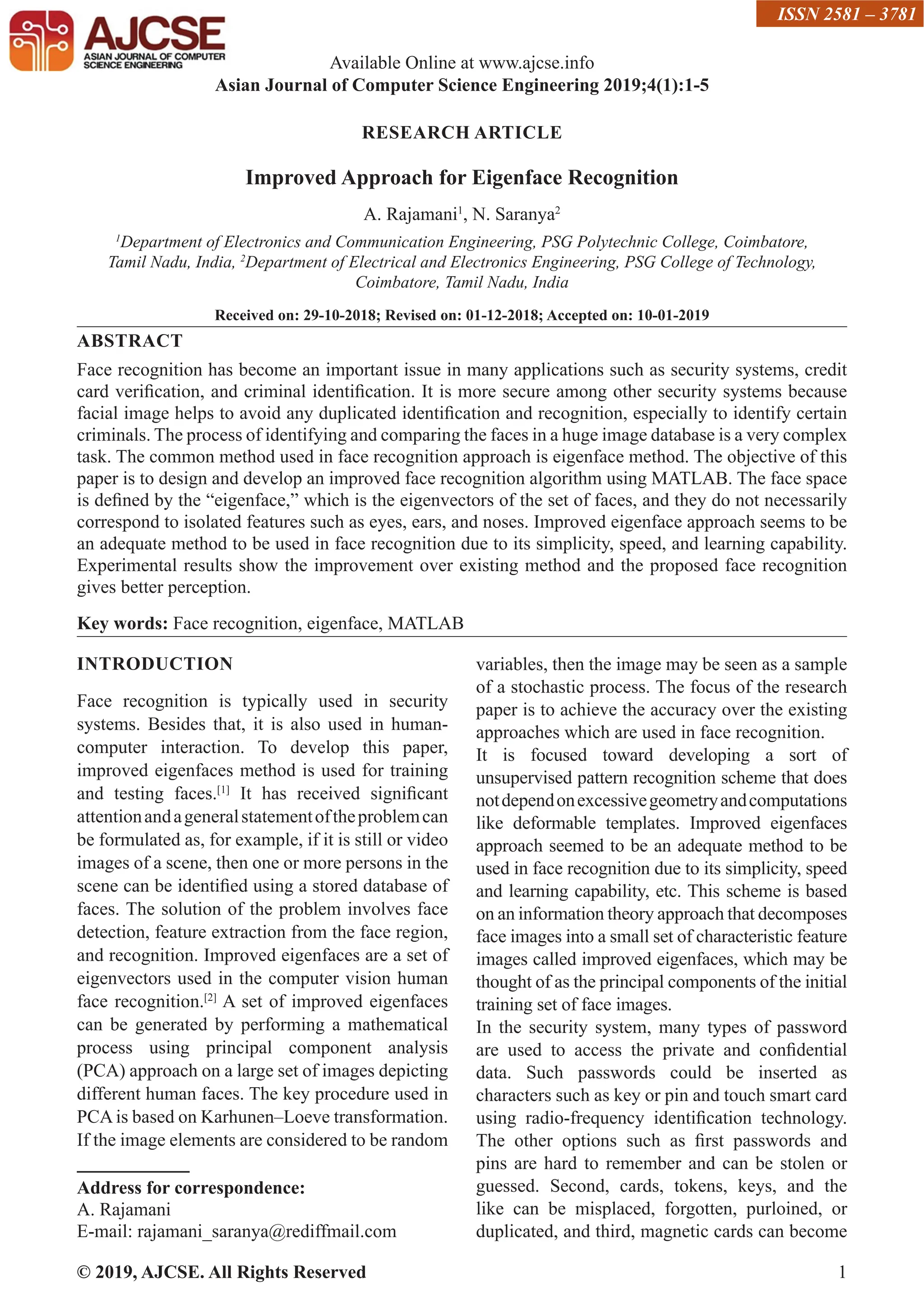 Improved Approach for Eigenface Recognition | PDF