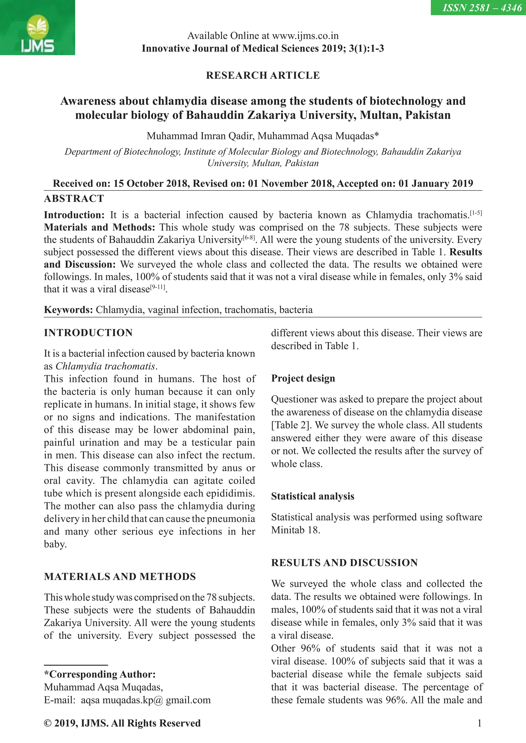 Awareness about chlamydia disease among the students of biotechnology ...