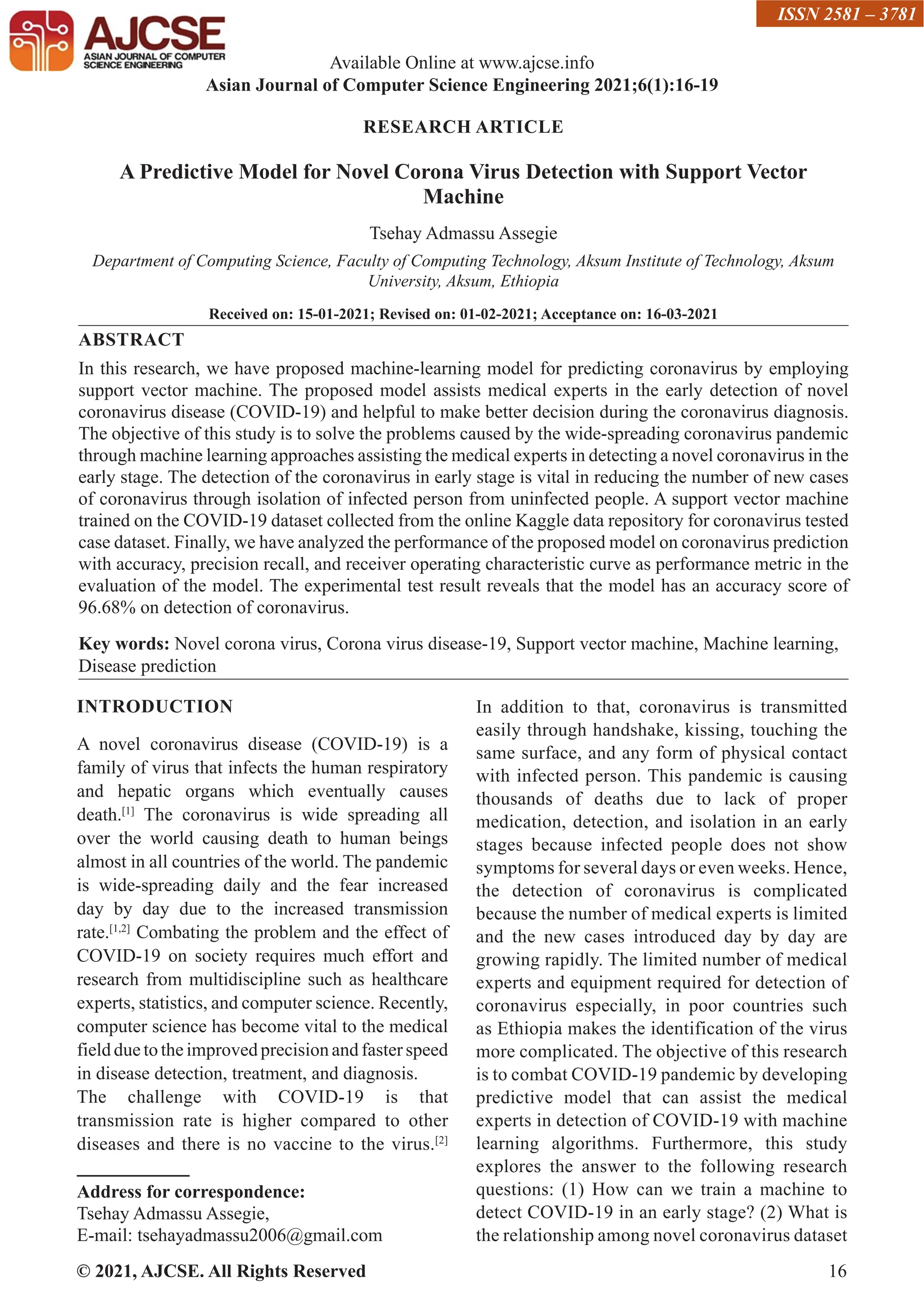A Predictive Model for Novel Corona Virus Detection with Support Vector ...
