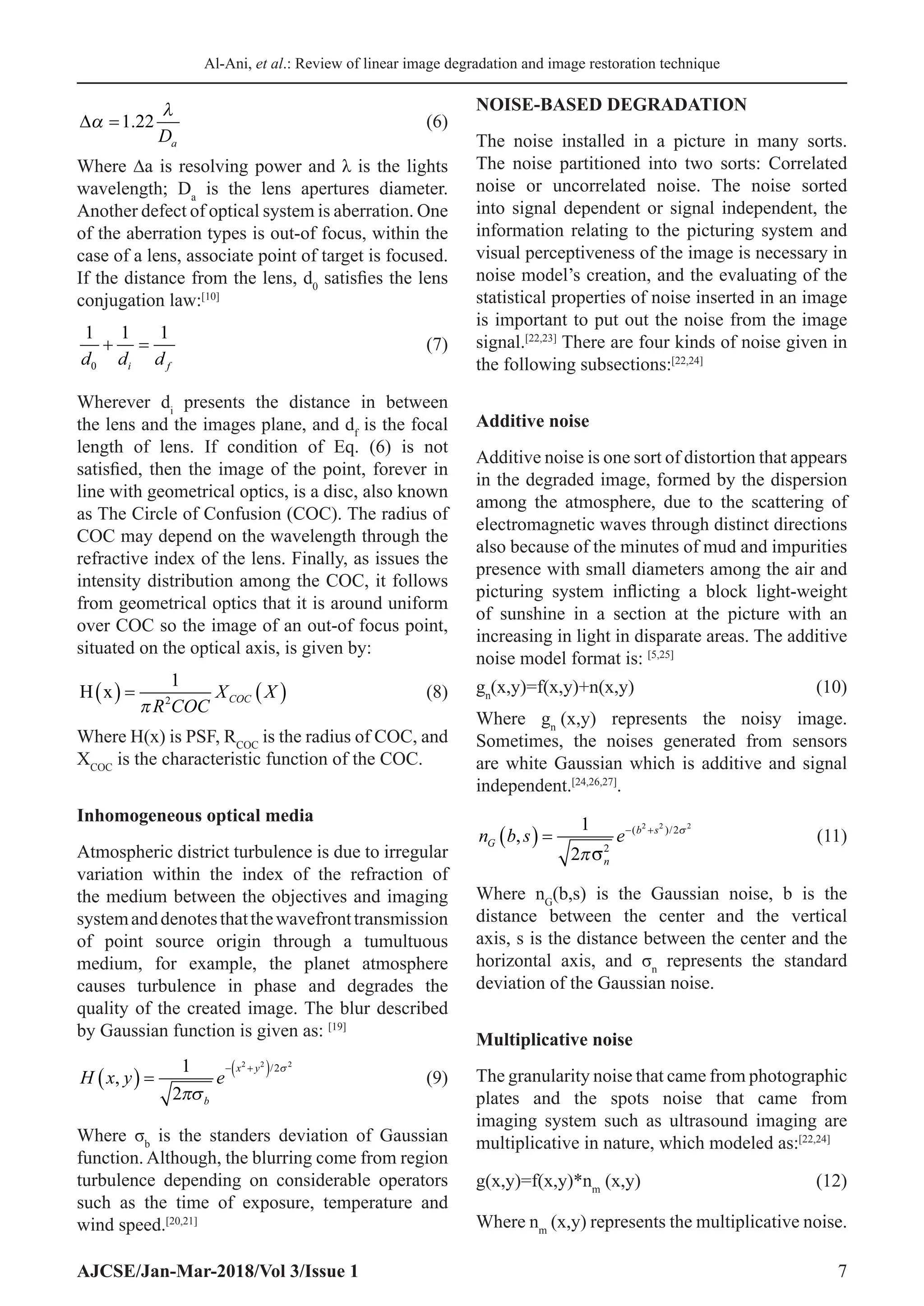 Review of Linear Image Degradation and Image Restoration Technique | PDF