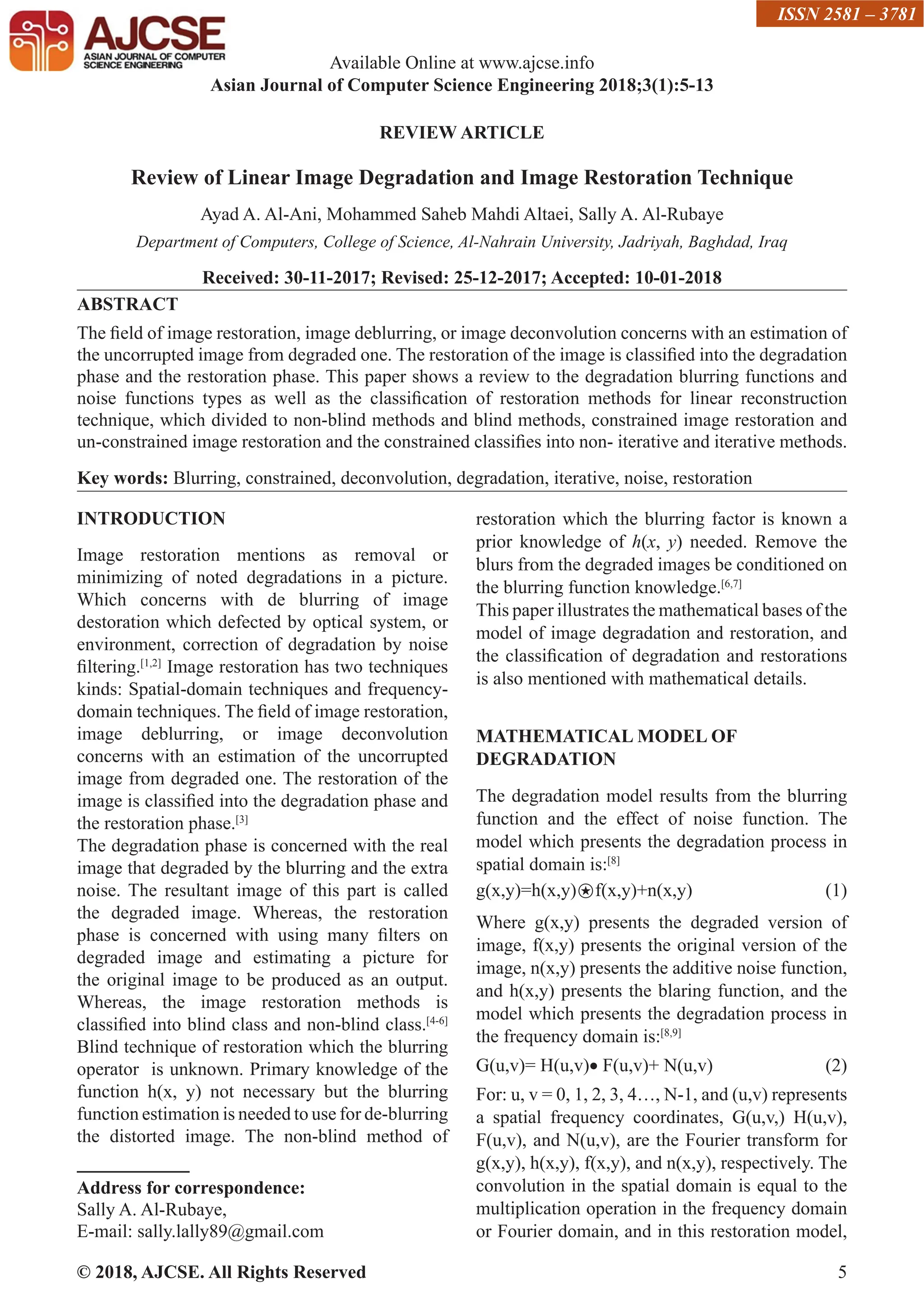 Review of Linear Image Degradation and Image Restoration Technique | PDF