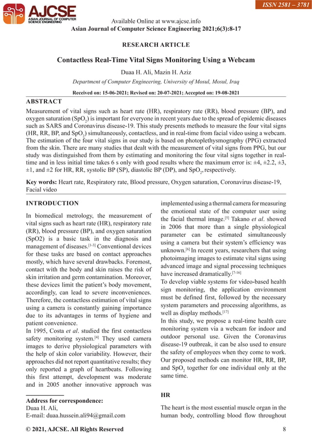Contactless Real-Time Vital Signs Monitoring Using a Webcam | PDF