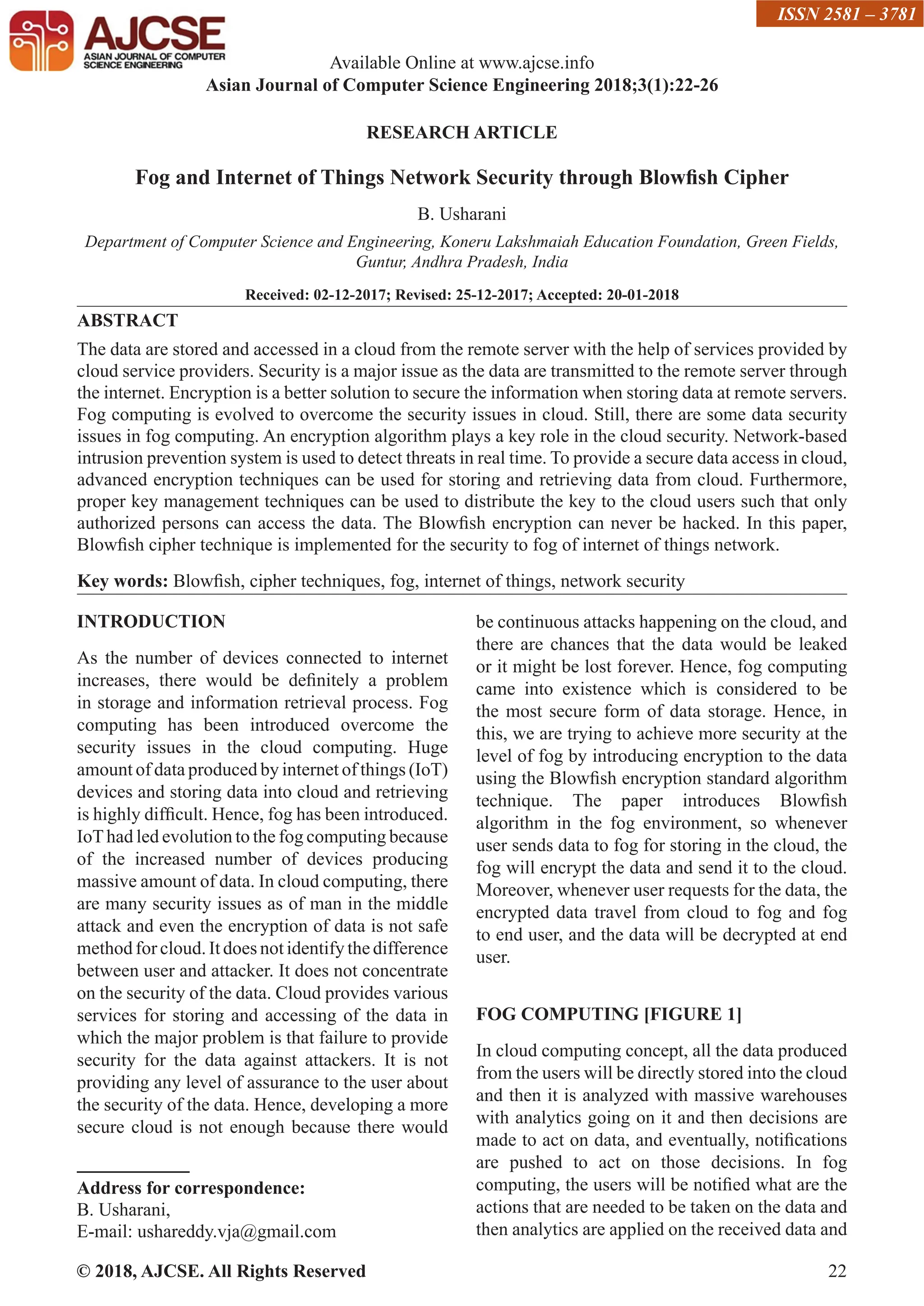 Fog and Internet of Things Network Security through Blowfish Cipher | PDF