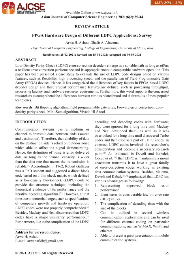 FPGA Hardware Design of Different LDPC Applications: Survey | PDF