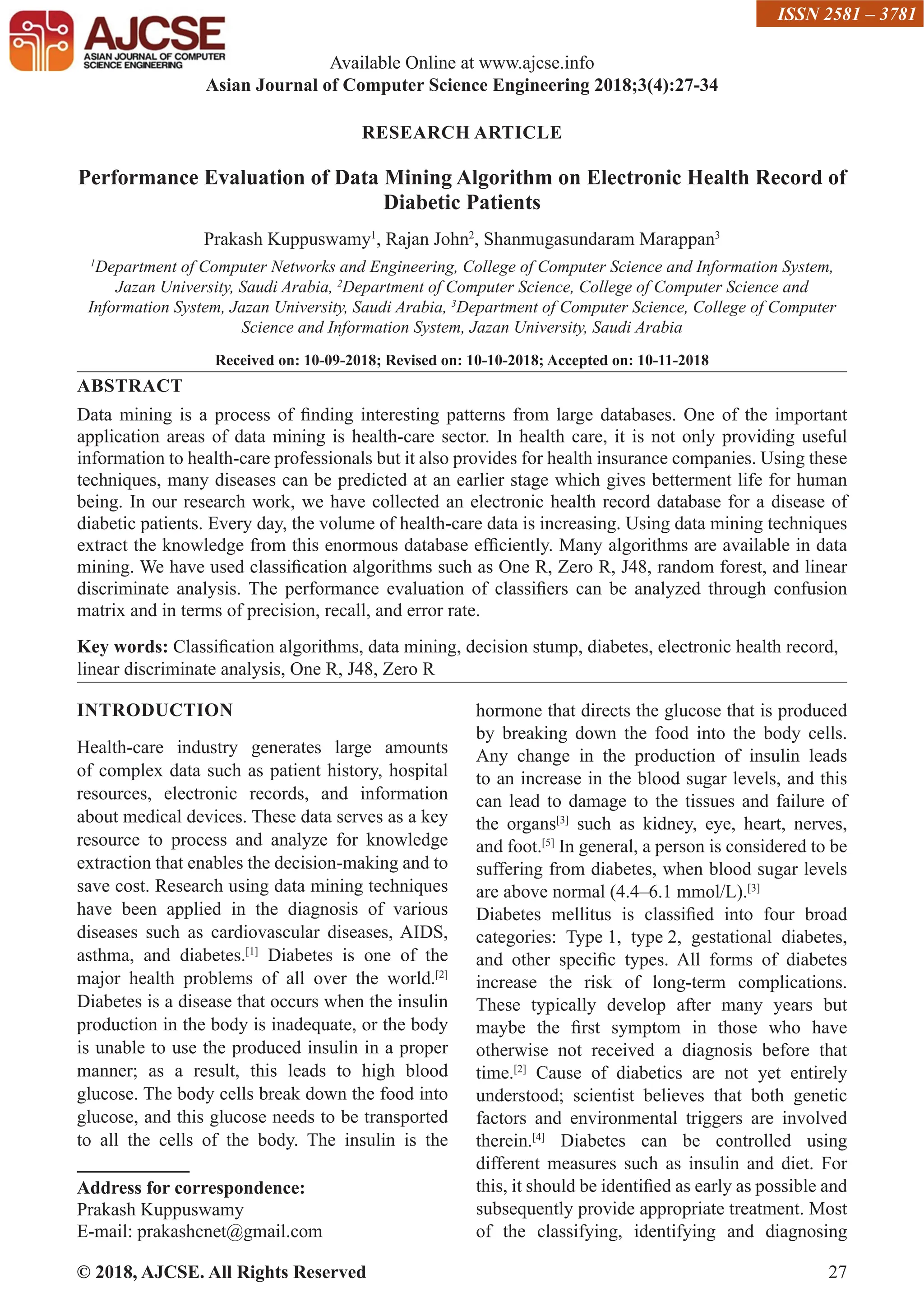 Performance Evaluation of Data Mining Algorithm on Electronic Health Record of Diabetic Patients ...