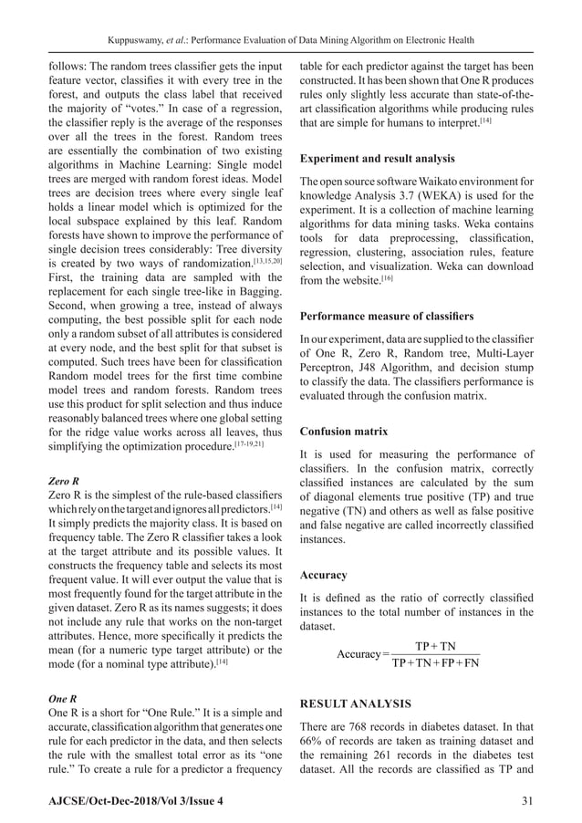 Performance Evaluation of Data Mining Algorithm on Electronic Health Record of Diabetic Patients ...
