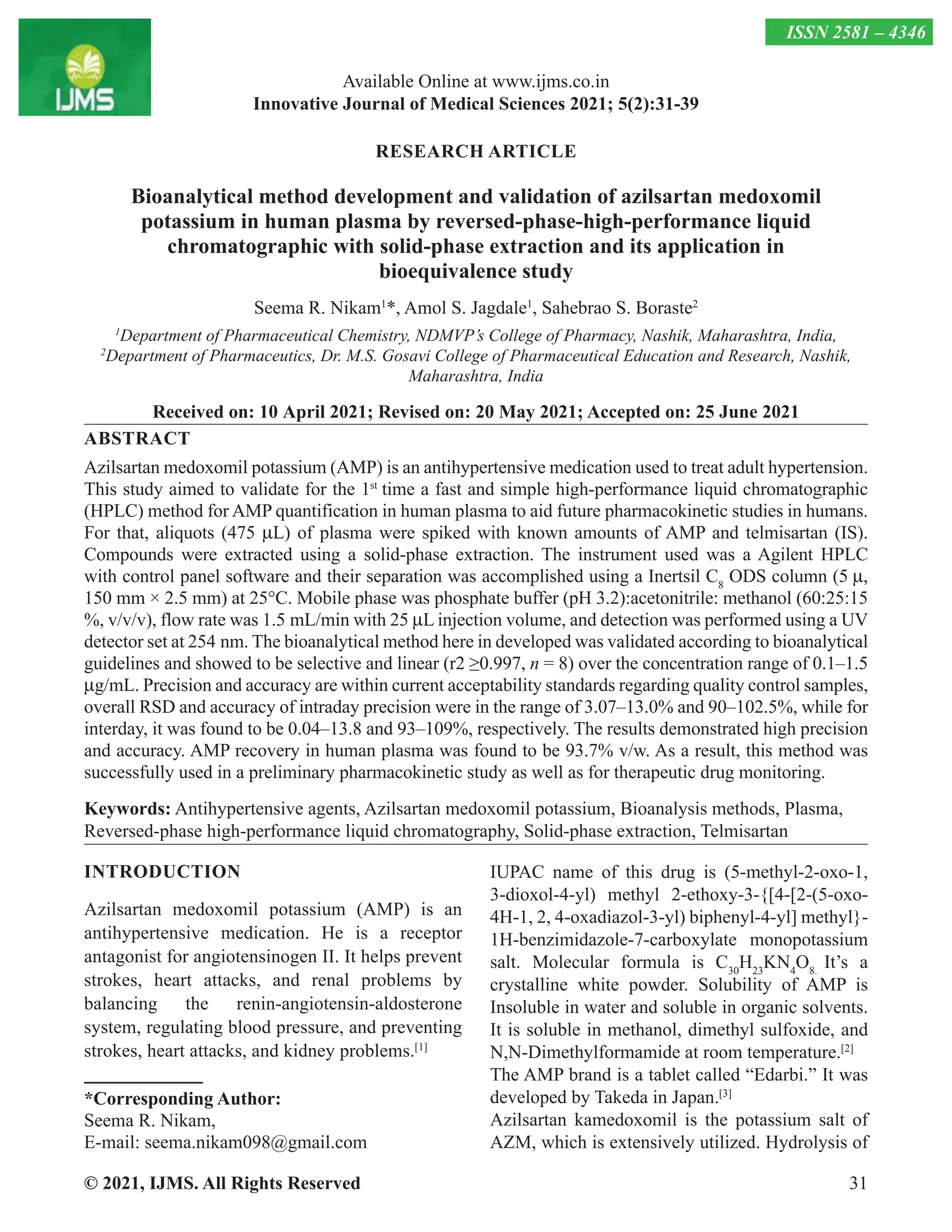 Bioanalytical method development and validation of azilsartan medoxomil potassium in human ...