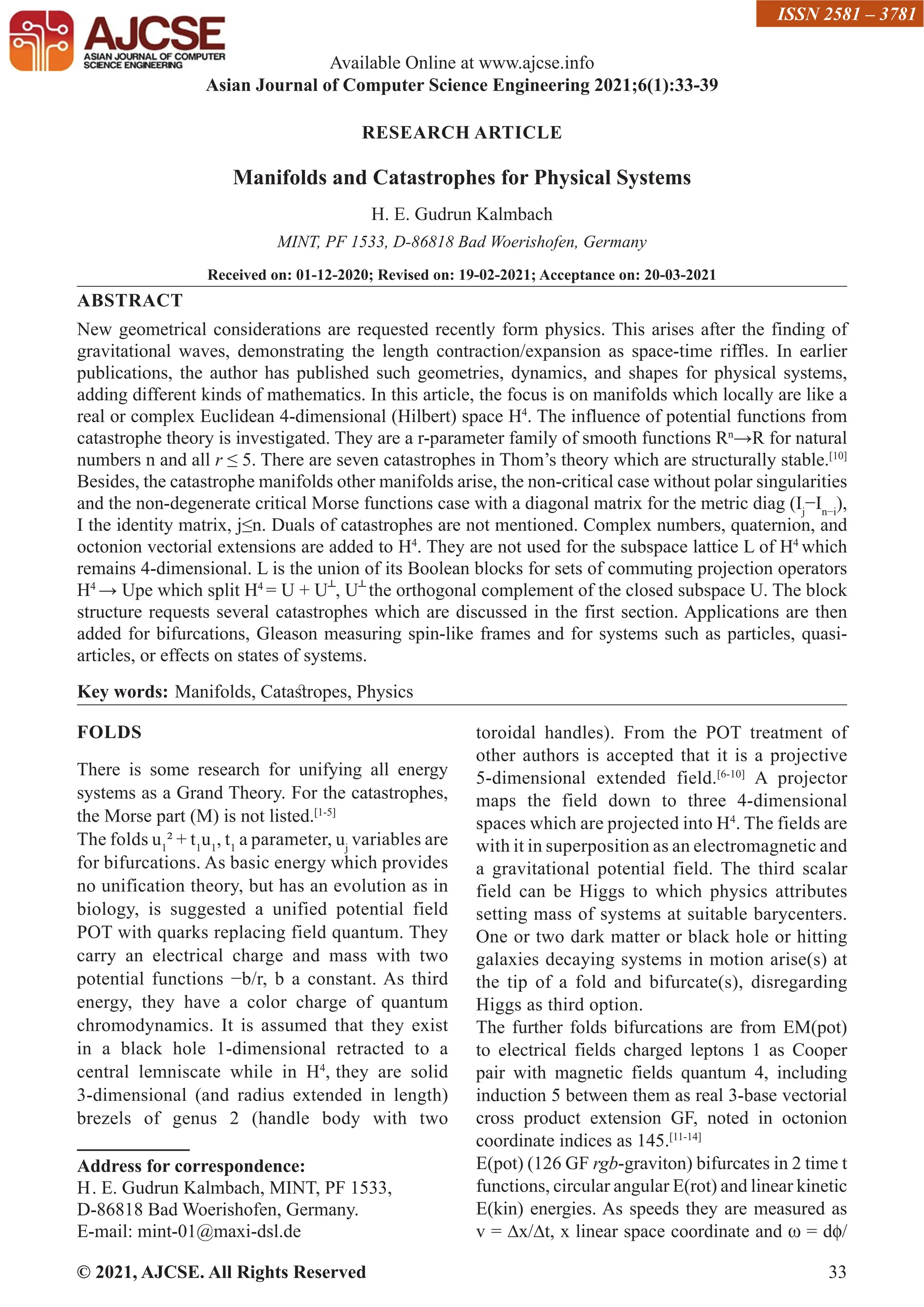 Manifolds and Catastrophes for Physical Systems | PDF
