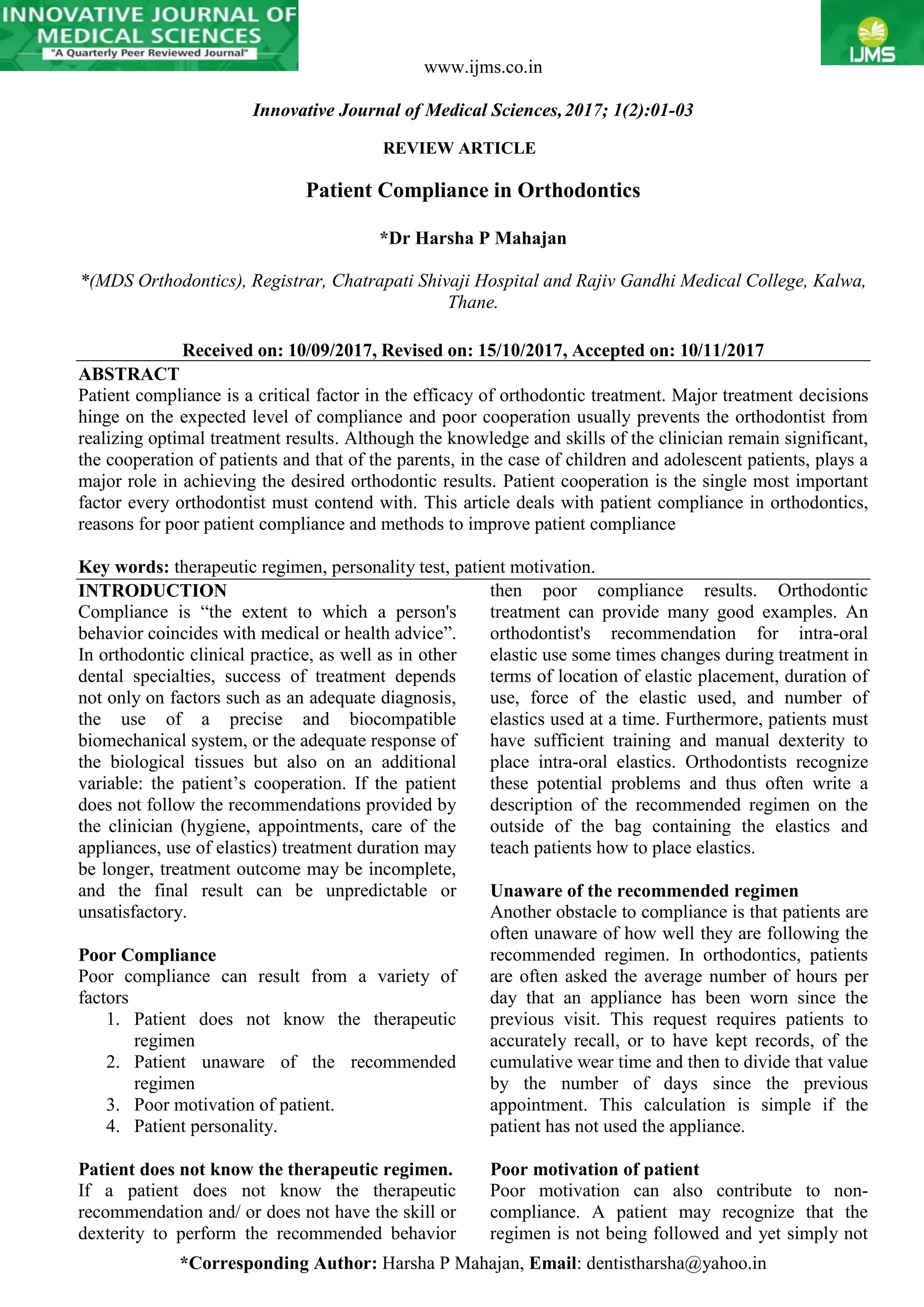 Patient Compliance in Orthodontics Patient Compliance in Orthodontics | PDF